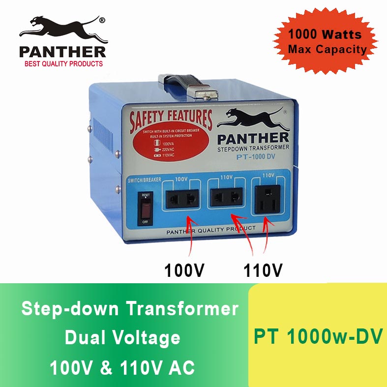 Panther PT 1000w-DV Step-down Transformer DUAL VOLTAGE 1000 Watts, Input 220VAC, Output 100VAC ...
