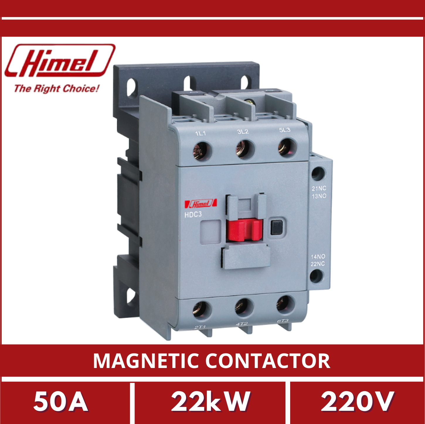 Magnetic Contactor 50A - 22kW, 220VAC Coil, 1NO + 1NC, AC-3 / Magnetic ...