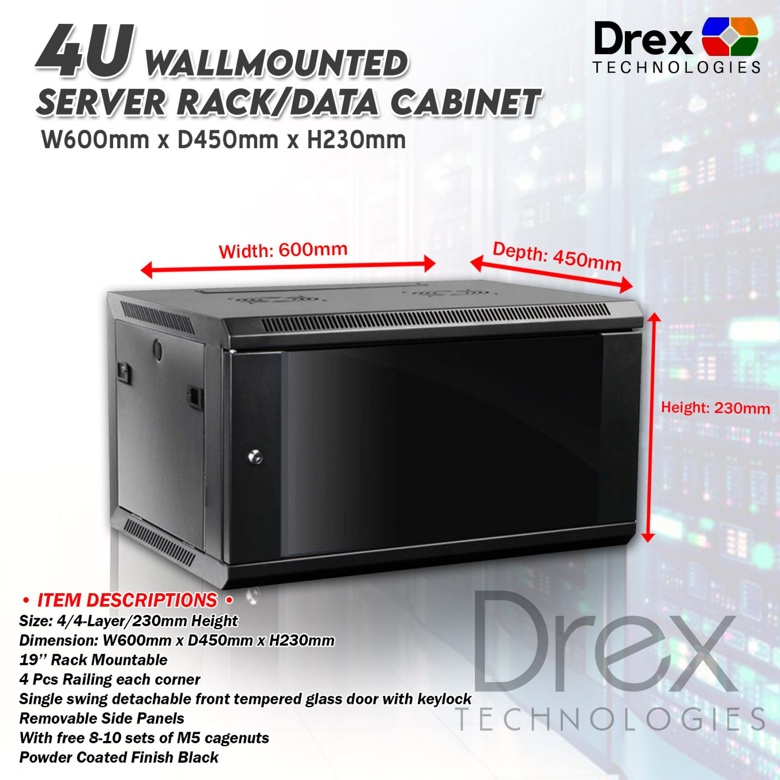 4U 4 Layer Wallmounted Data Cabinet Server Rack W 600 X D 450mm X H 4U 4 Layer Wallmounted Data Cabinet Server Rack W 600 X D 450mm X H