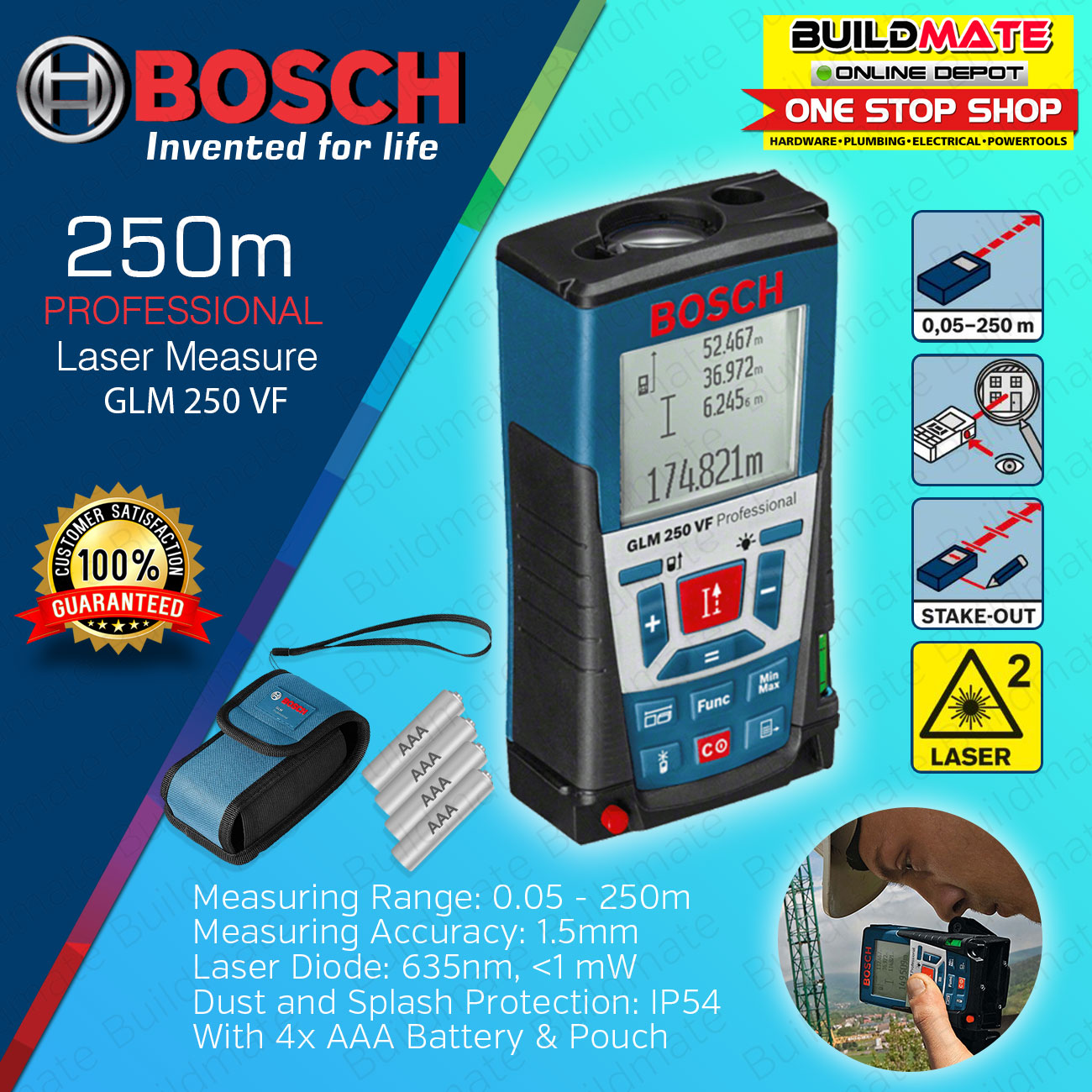BOSCH Professional Laser Measure GLM 250 VF UK 0601072170 100 ORIGINAL BOSCH Professional Laser Measure GLM 250 VF UK 0601072170 100 ORIGINAL