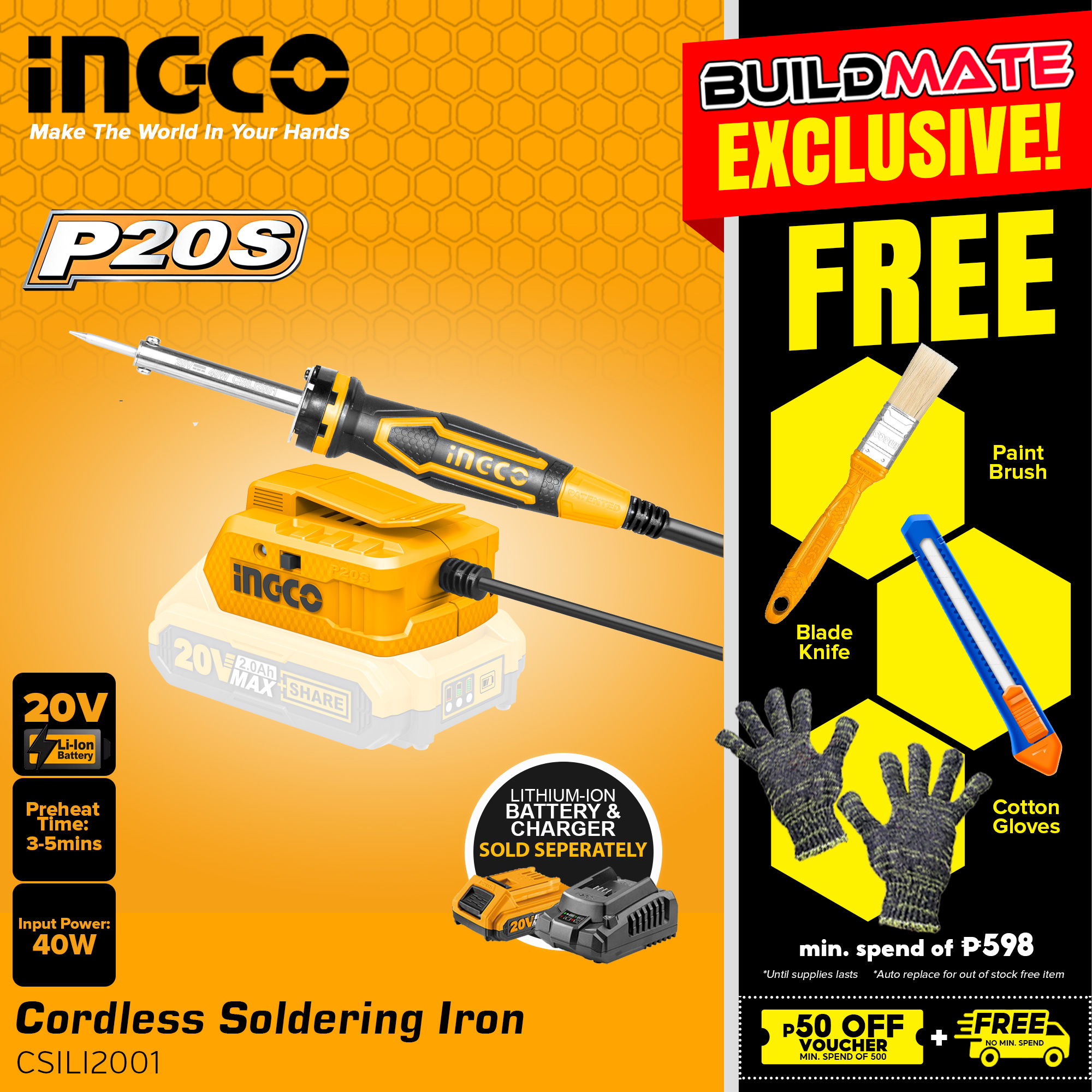 INGCO Cordless Lithium Ion Li Ion Electric Soldering Iron 20V Electric ...