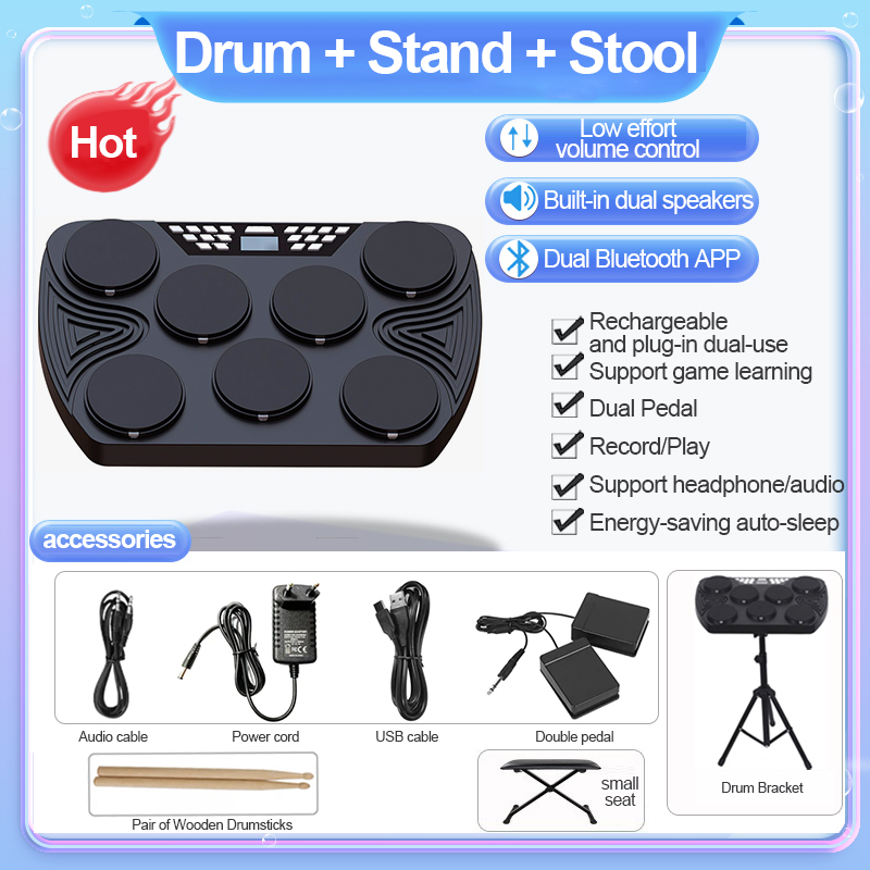 Minsine Multifunction Portable Electronic Drum Set 7 Velocity-Sensitive ...
