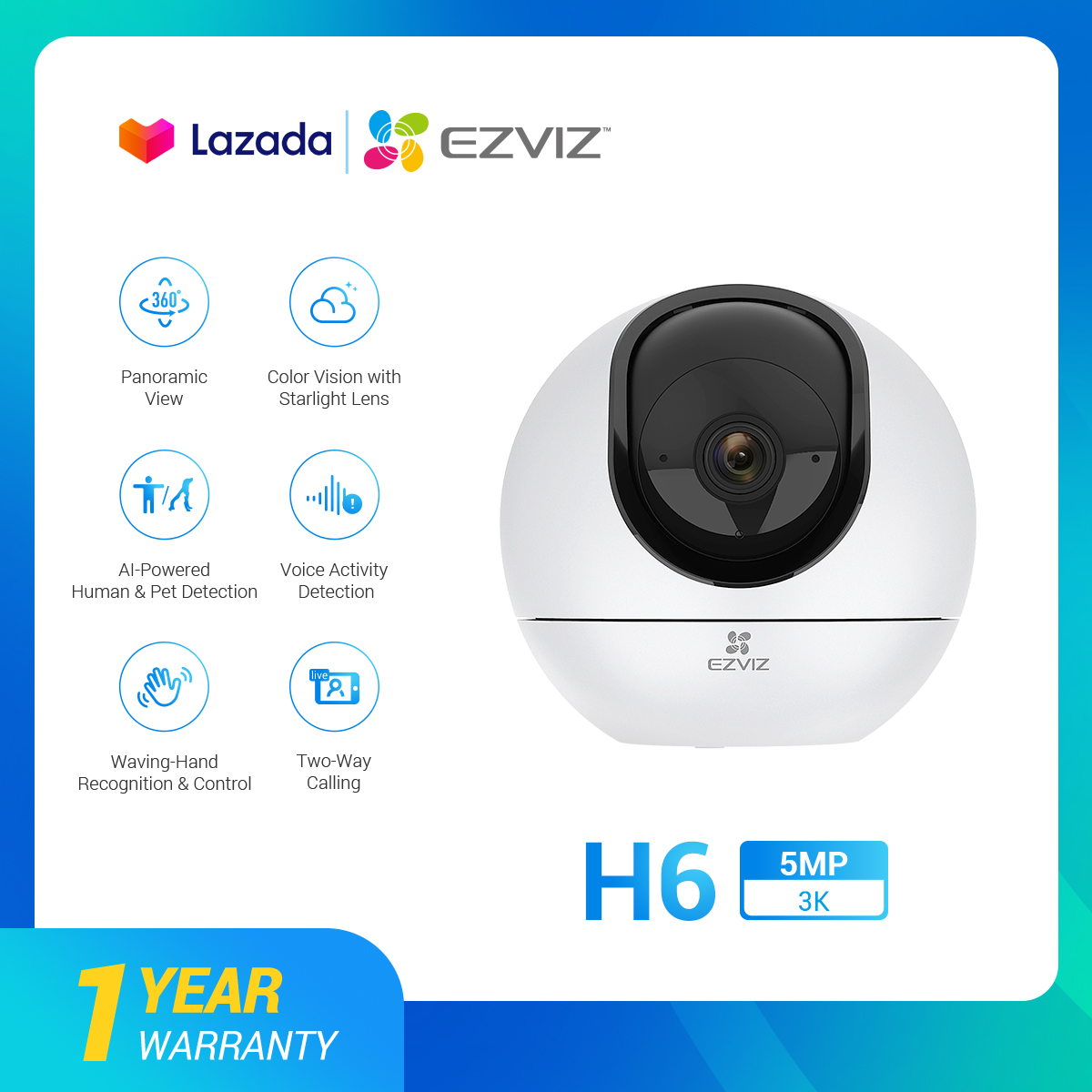 5MP IP Camera EZVIZ H6 3K Wifi Camera 360°Pan/Tilt Indoor IP Cam ...