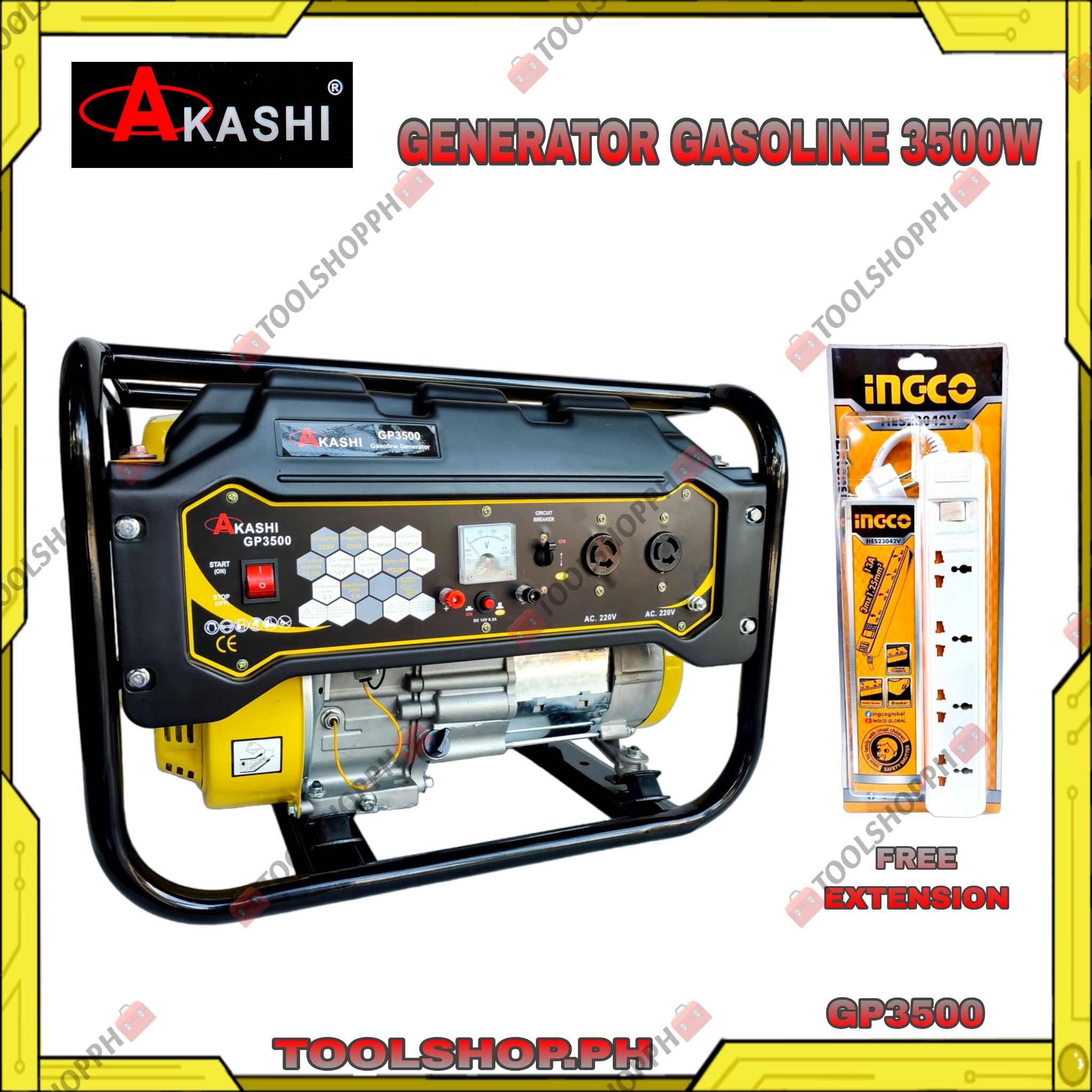 AKASHI 3500W/3.5KVA Gasoline Generator GP3500 Free Extension Socket ...