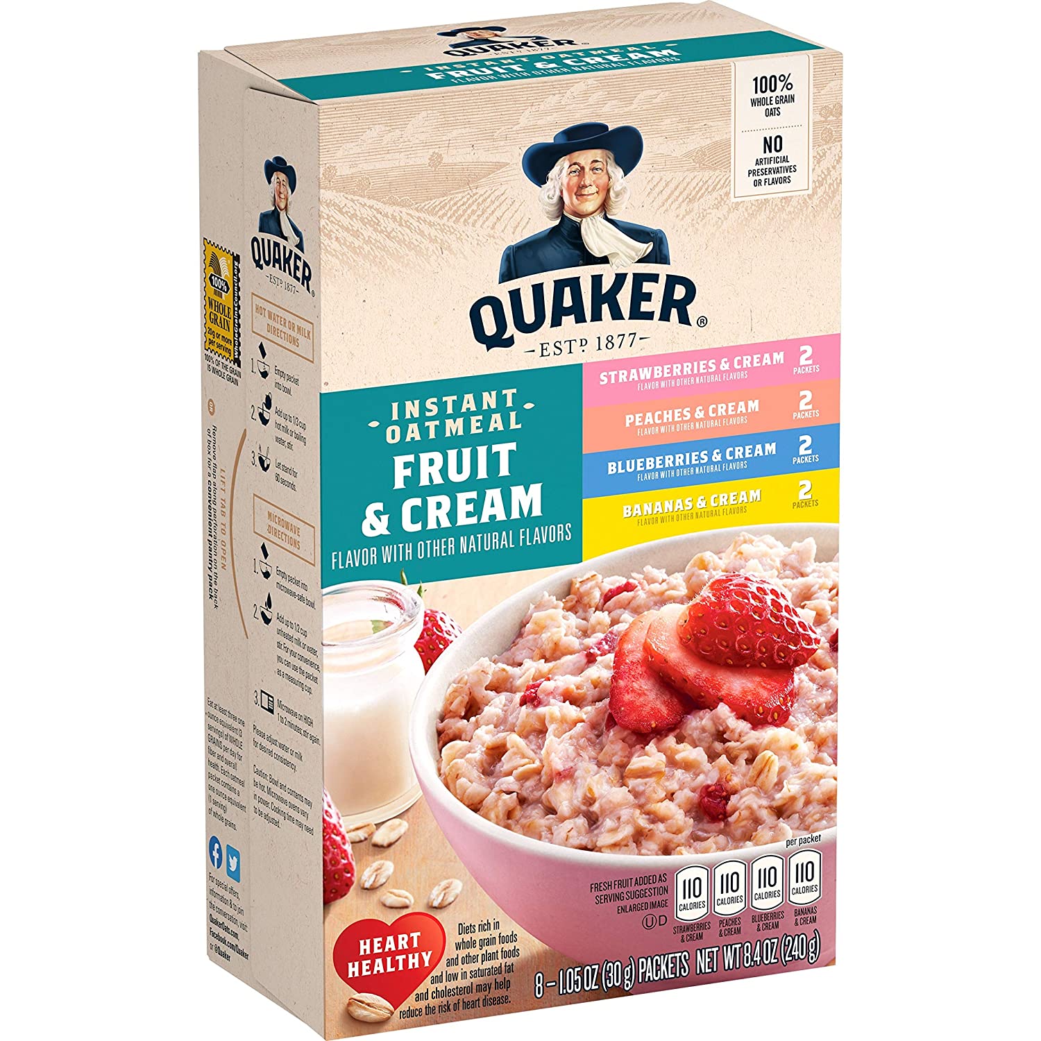 Quaker Instant Oatmeal, Fruit & Cream Variety Pack, 8 - 1.05 Ounce ...