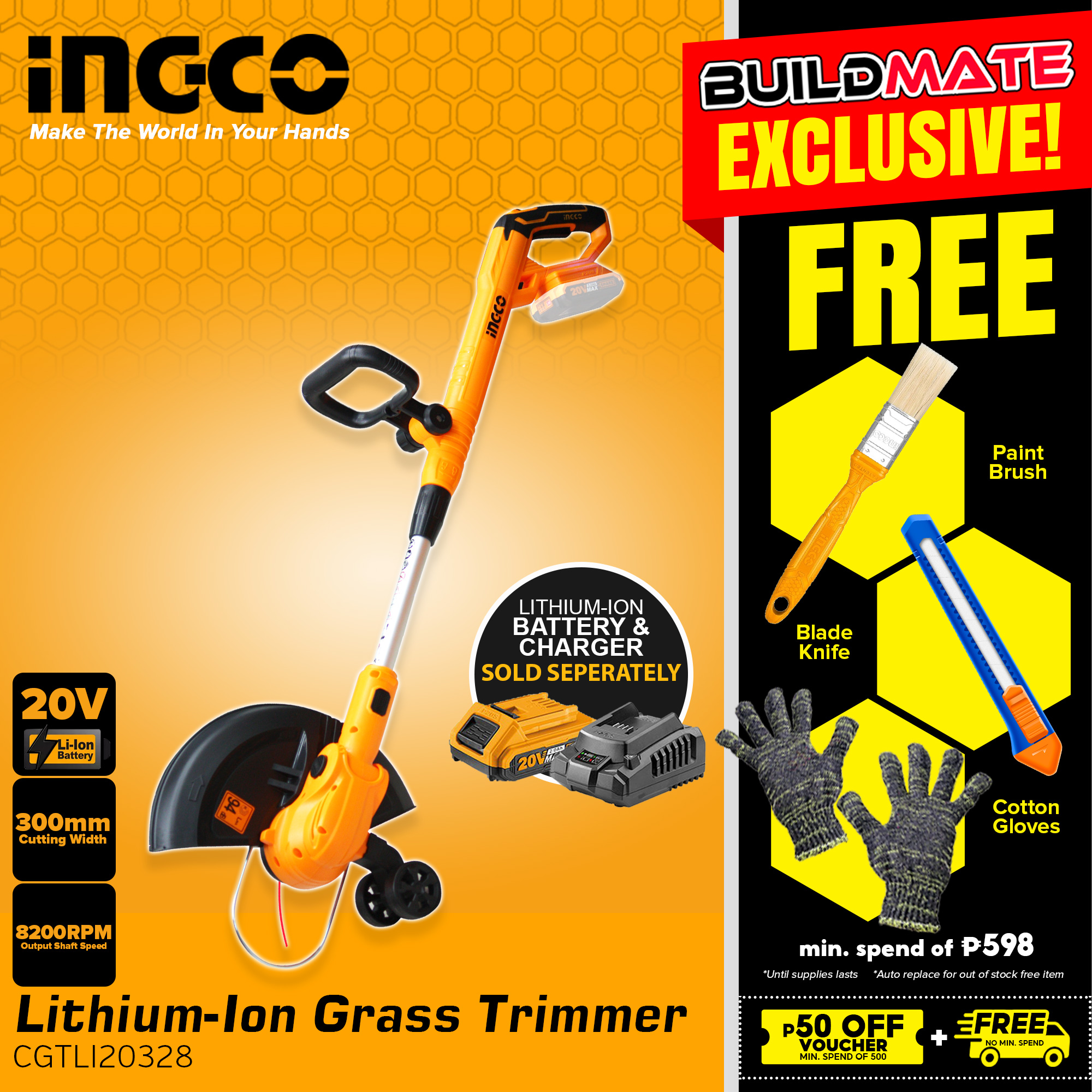 [NEW] BUILDMATE Ingco Cordless Grass Trimmer Brush String 20V Cutter ...