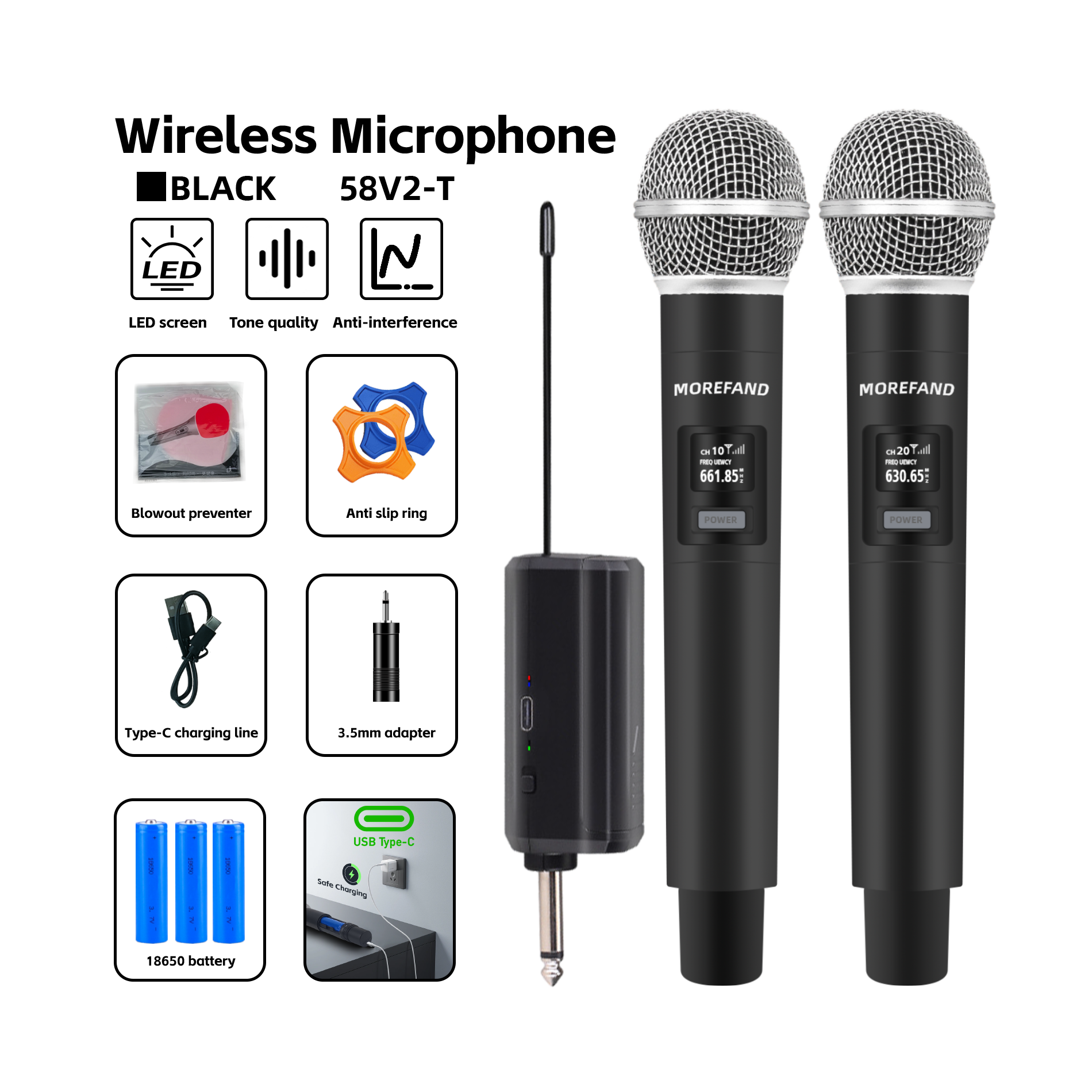 58V Bluetooth Wireless Microphone dual handheld mic karaoke plug and ...