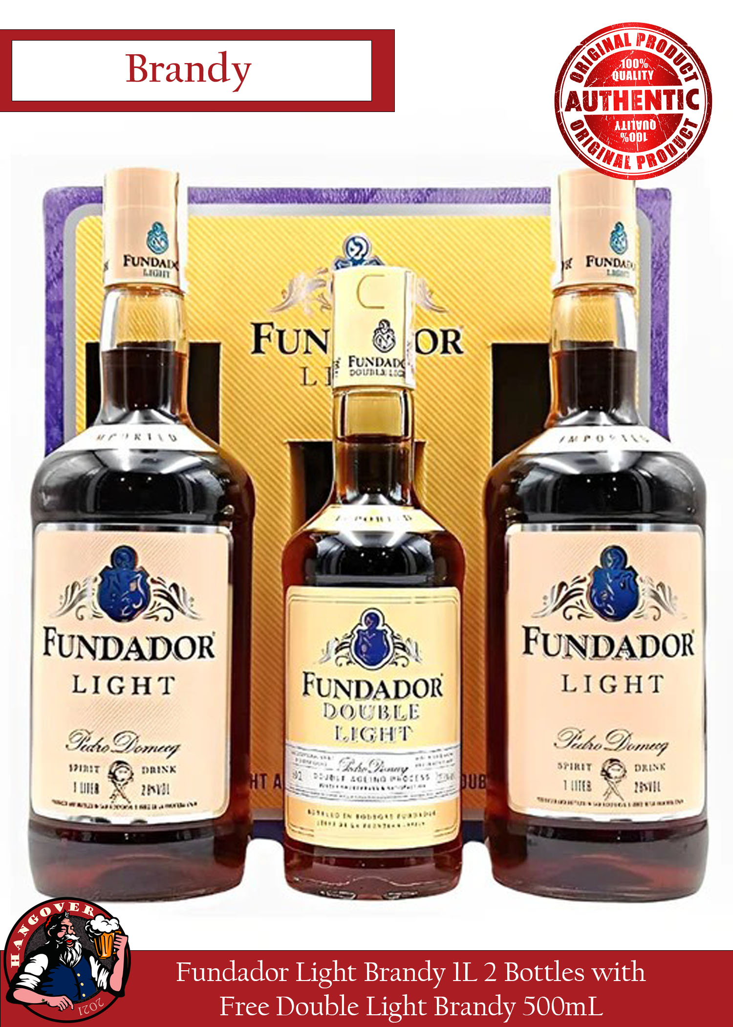 Fundador Light Brandy 1L 2 Bottles with Free Double Light Brandy 500mL ...