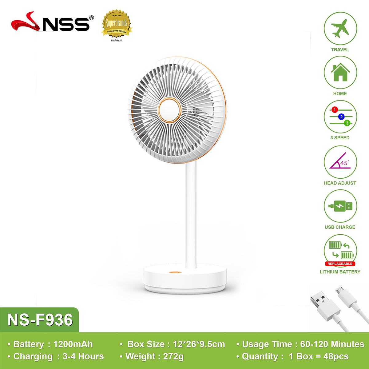 NSS Portable Mini Desk Fan Rechargeable USB Fan With Solar Charging ...