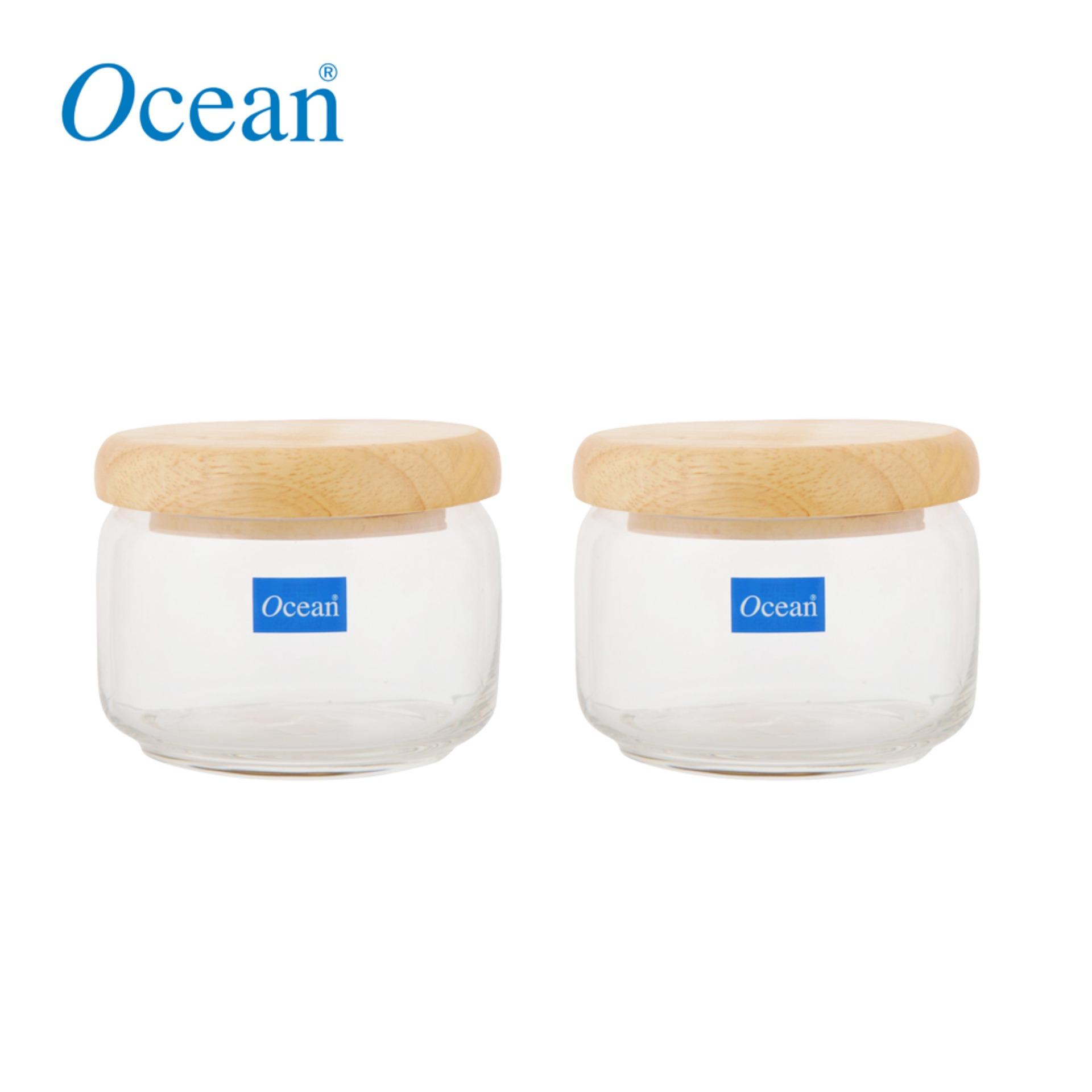 Ocean Glassware Pop Jar Wooden Lid Food Storage Container 325ml Set of ...