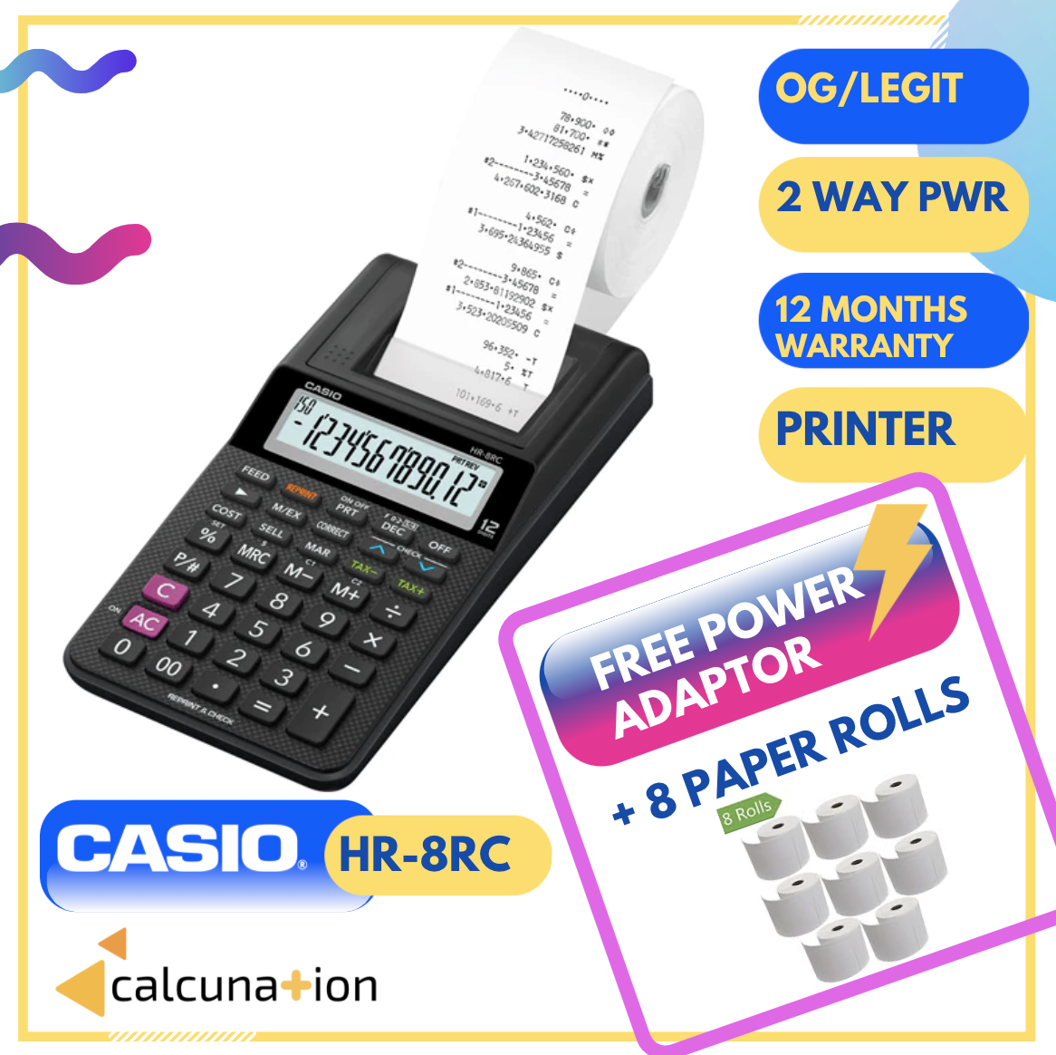Casio HR8RC Printing Calculator bundled w/ Adaptor & 8pcs Roll Paper ...