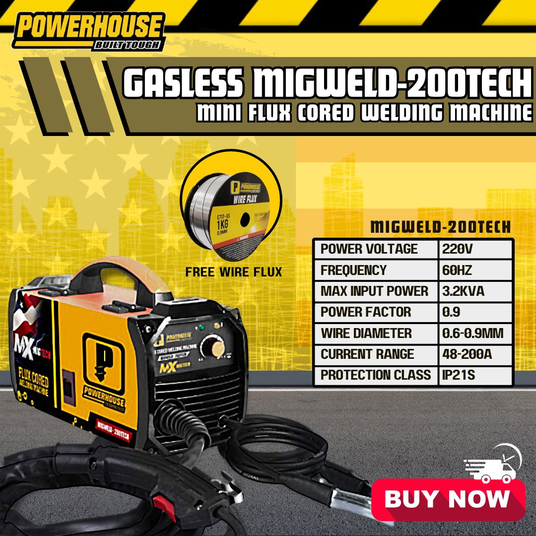 POWERHOUSE MIGWELD-200TECH Gasless MIG Weld Flux Cored Inverter Welding ...