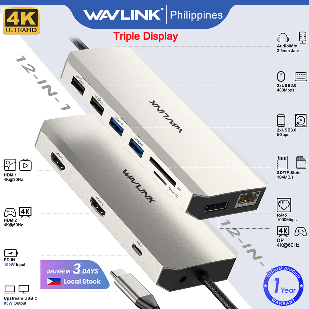 Wavlink 12-In-1 USB C Triple Monitor Extension Docking Station, 85W PD Charging Dual 4k HDMI ...