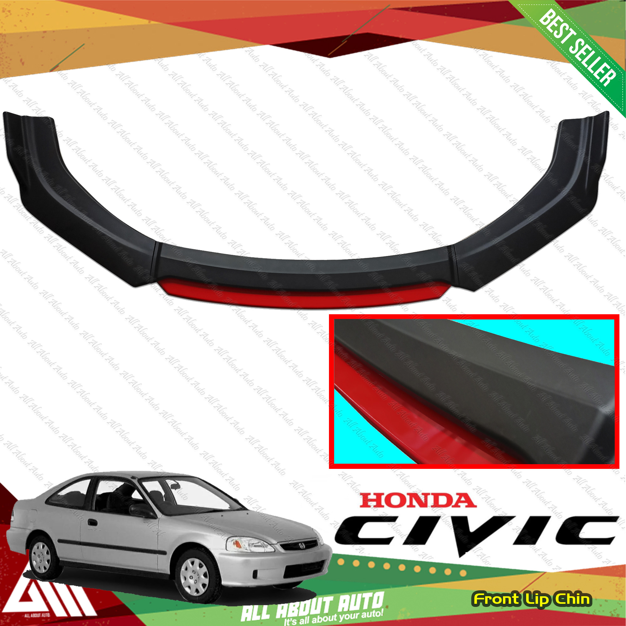 Honda Civic 1996-2000 Front Bumper Lip Chin (Matte Black and Red ...
