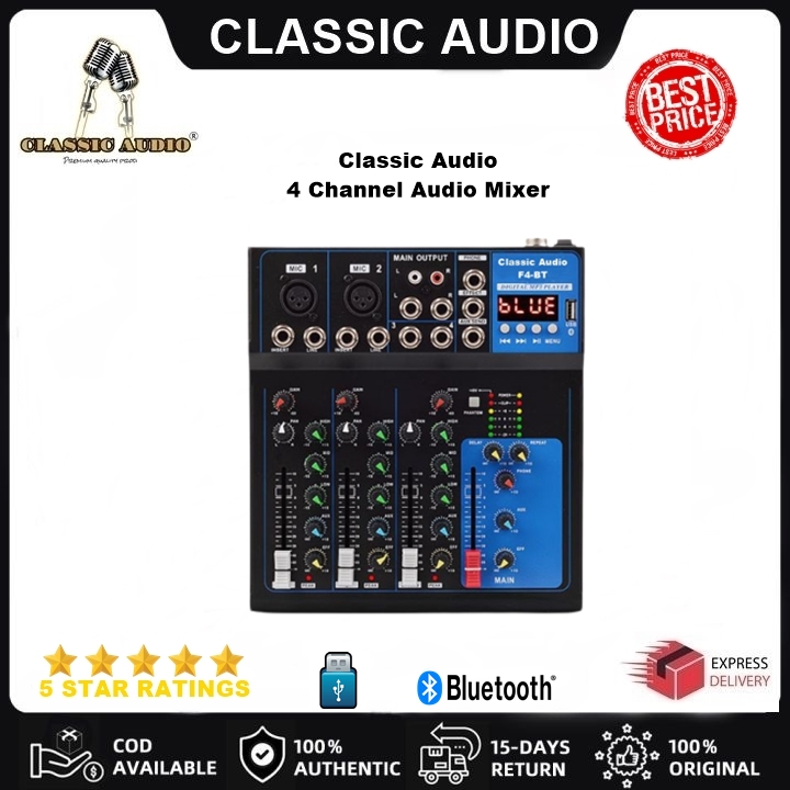 Classic Audio Mixer 4 Channel With Bluetooth USB Sound Mixer Audio ...
