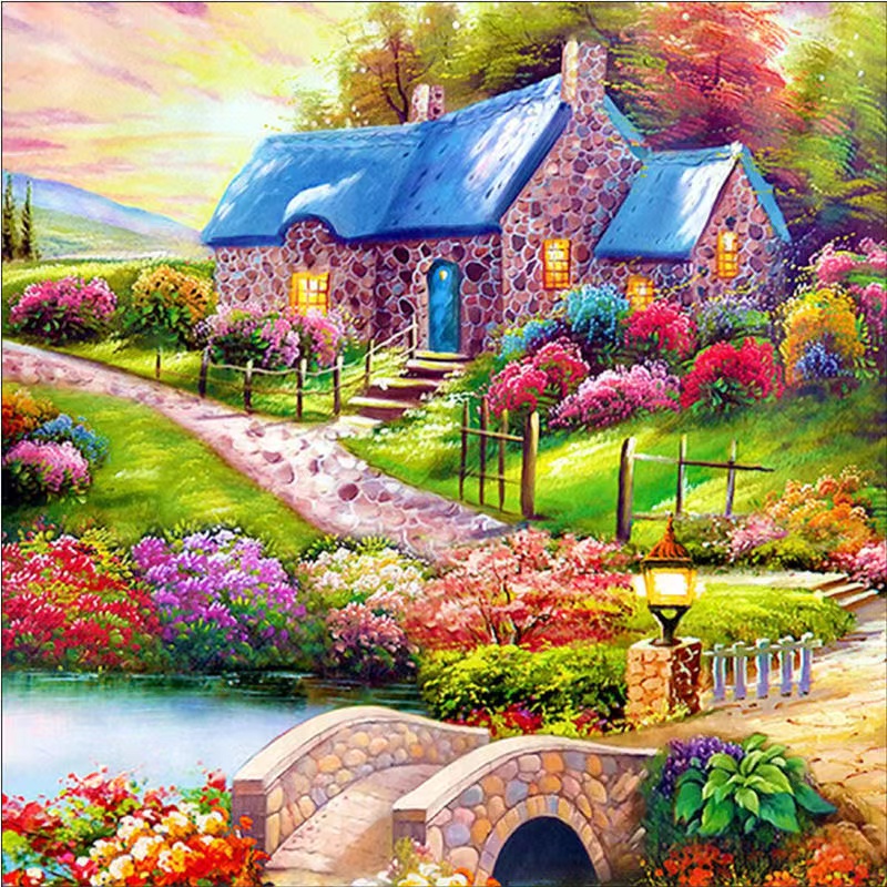 Diamond Painting Blue House Design DIY 5D Mosaic Landscape Art Picture 