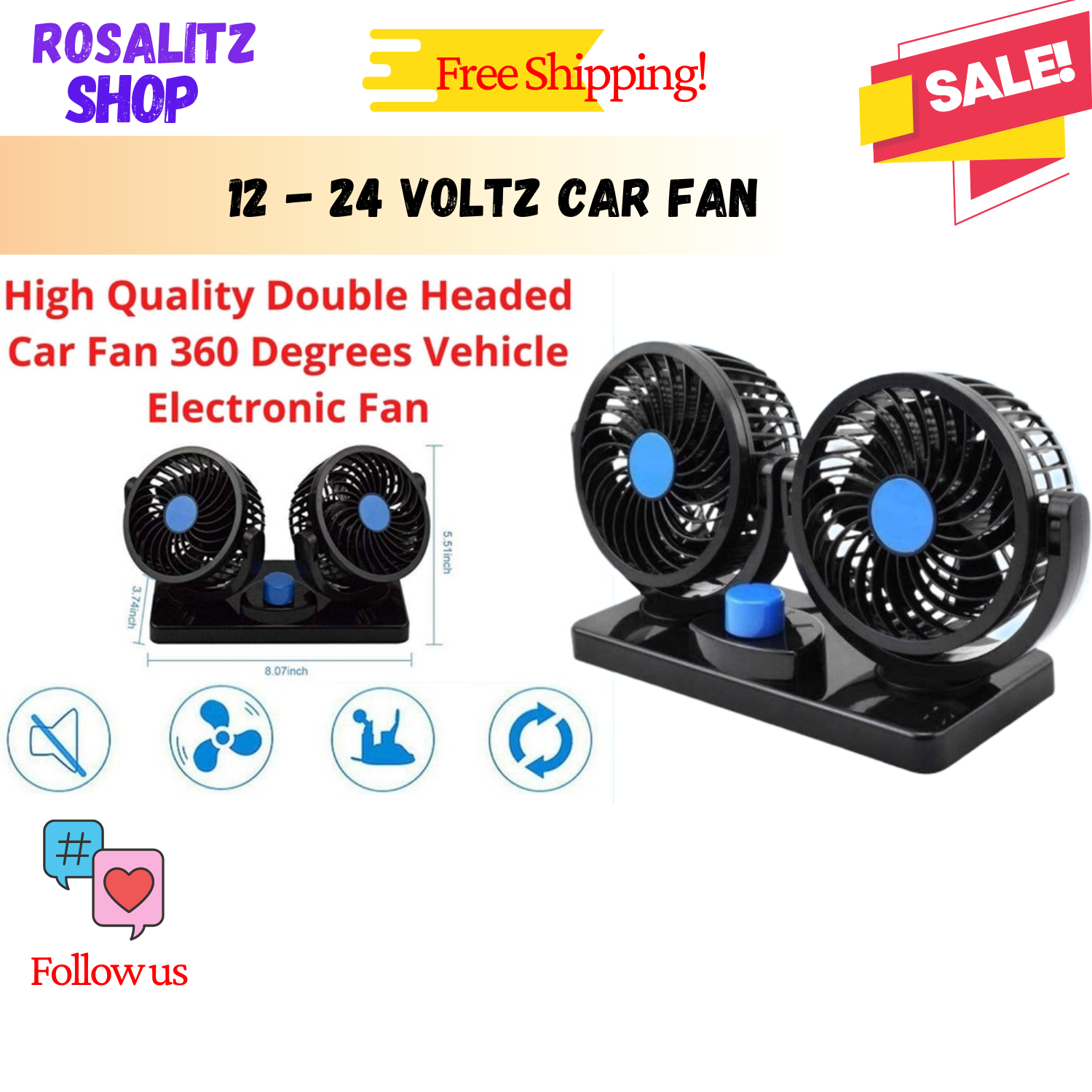 rosalitz Car Fan 24v double headed for car, truck rechargeable car fan ...