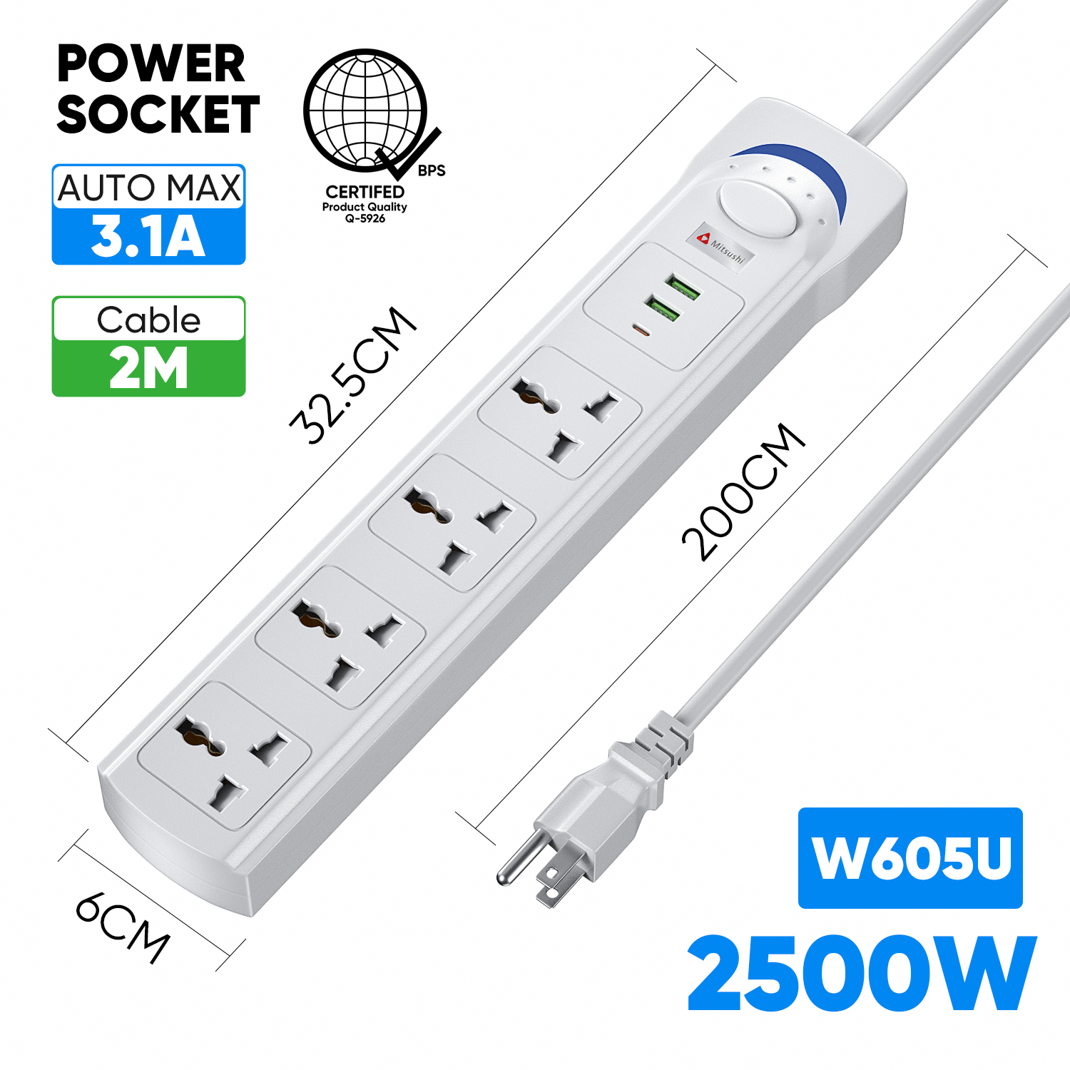 Mitsushi 2500w 2m Socket Universal Outlet Extension Cord Power Socket Power Extension Outlets