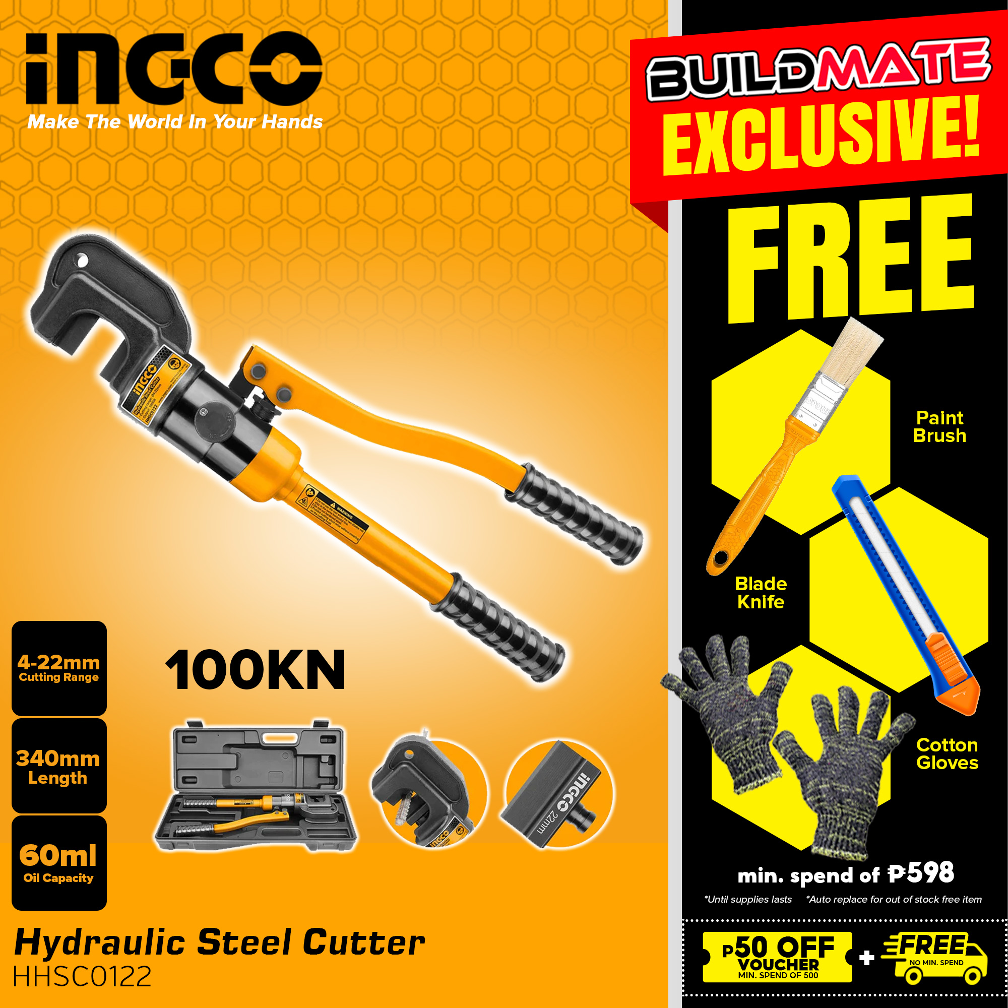 BUILDMATE Ingco Hydraulic Steel Cutter 22mm 100KN Hydraulic Rebar ...