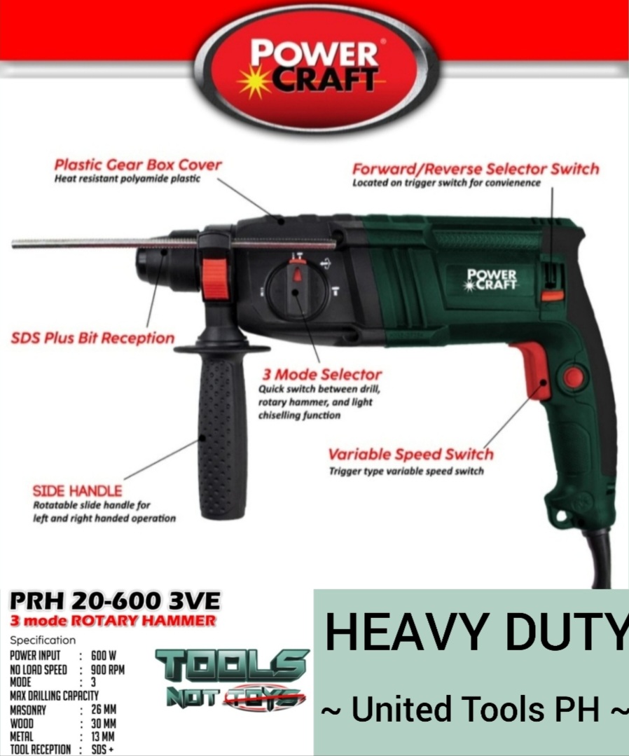 POWERCRAFT Electric Rotary Hammer Drill 3 Mode functions 20mm cap. 600 ...
