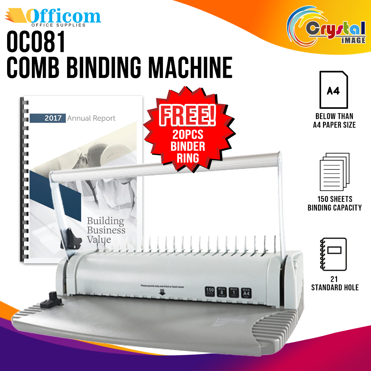 Officom Comb Binding Machine OC081 A4 Size with 20pcs Plastic Binder ...