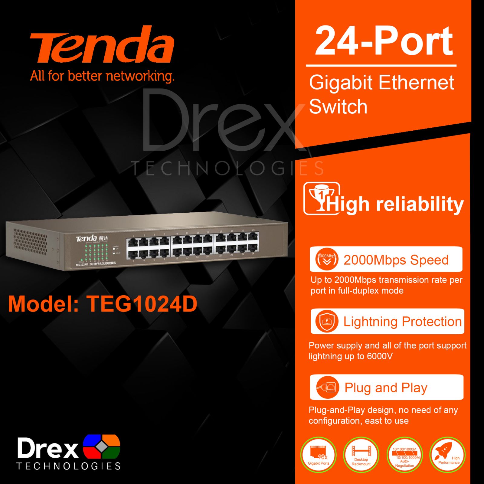 Tenda TEG1024D 24-Port Gigabit Ethernet Switch 10/100/1000 Mbps | Lazada PH