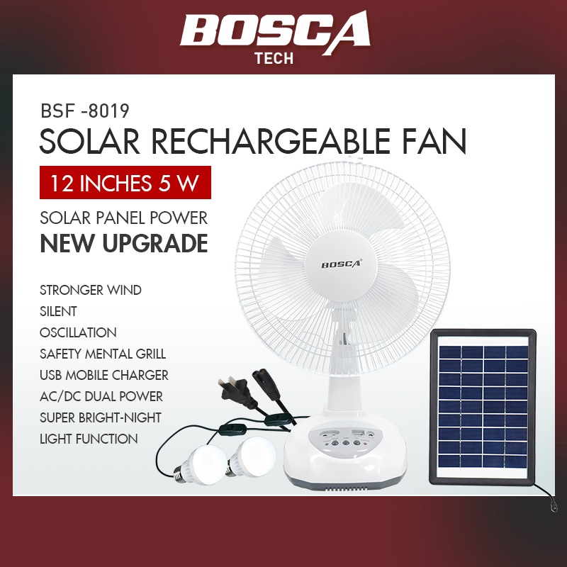 BOSCA Solar rechargeable fan 12 inches 16 inches Desk Fan Table Fan BSF ...