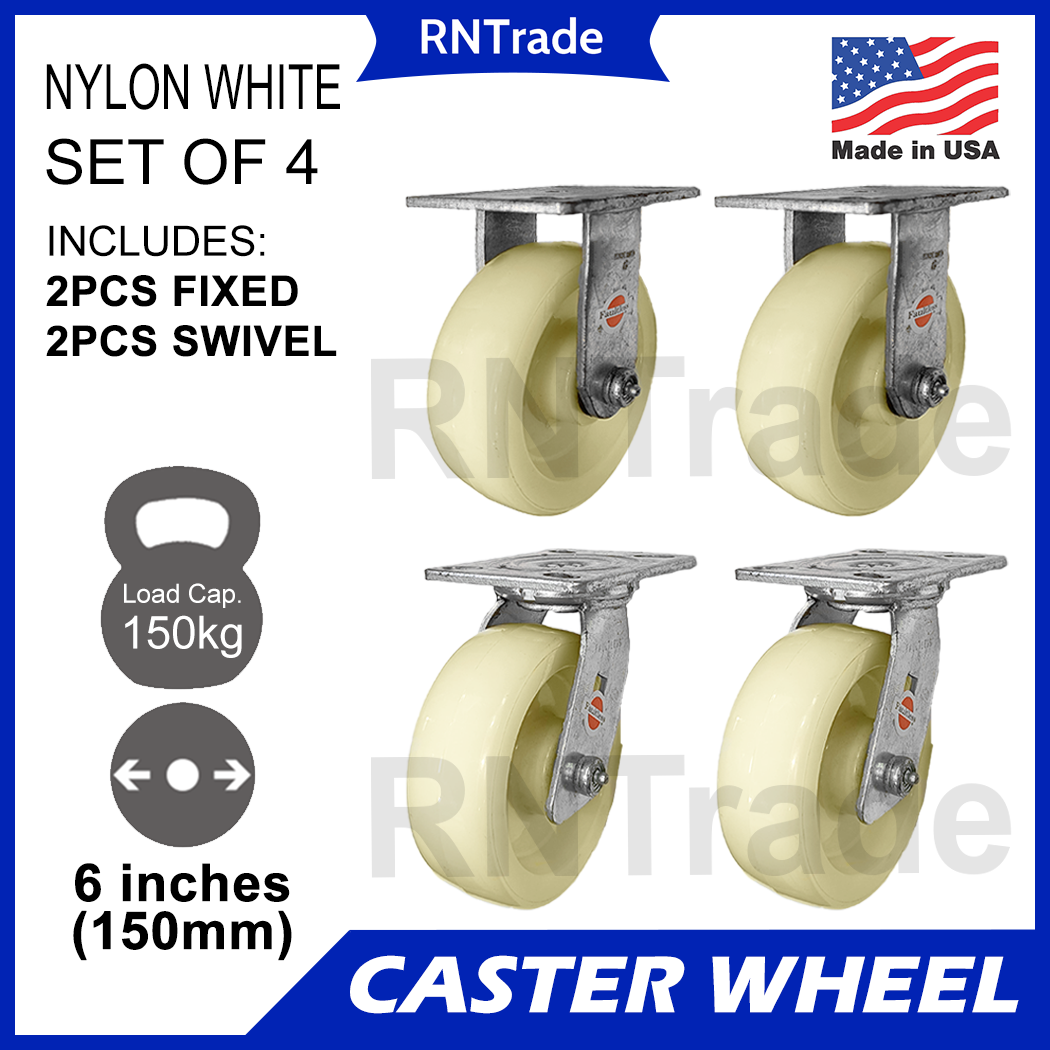 Set of 4, 6 inches x 2 inches Faultless Nylon White Caster Wheels (2 ...