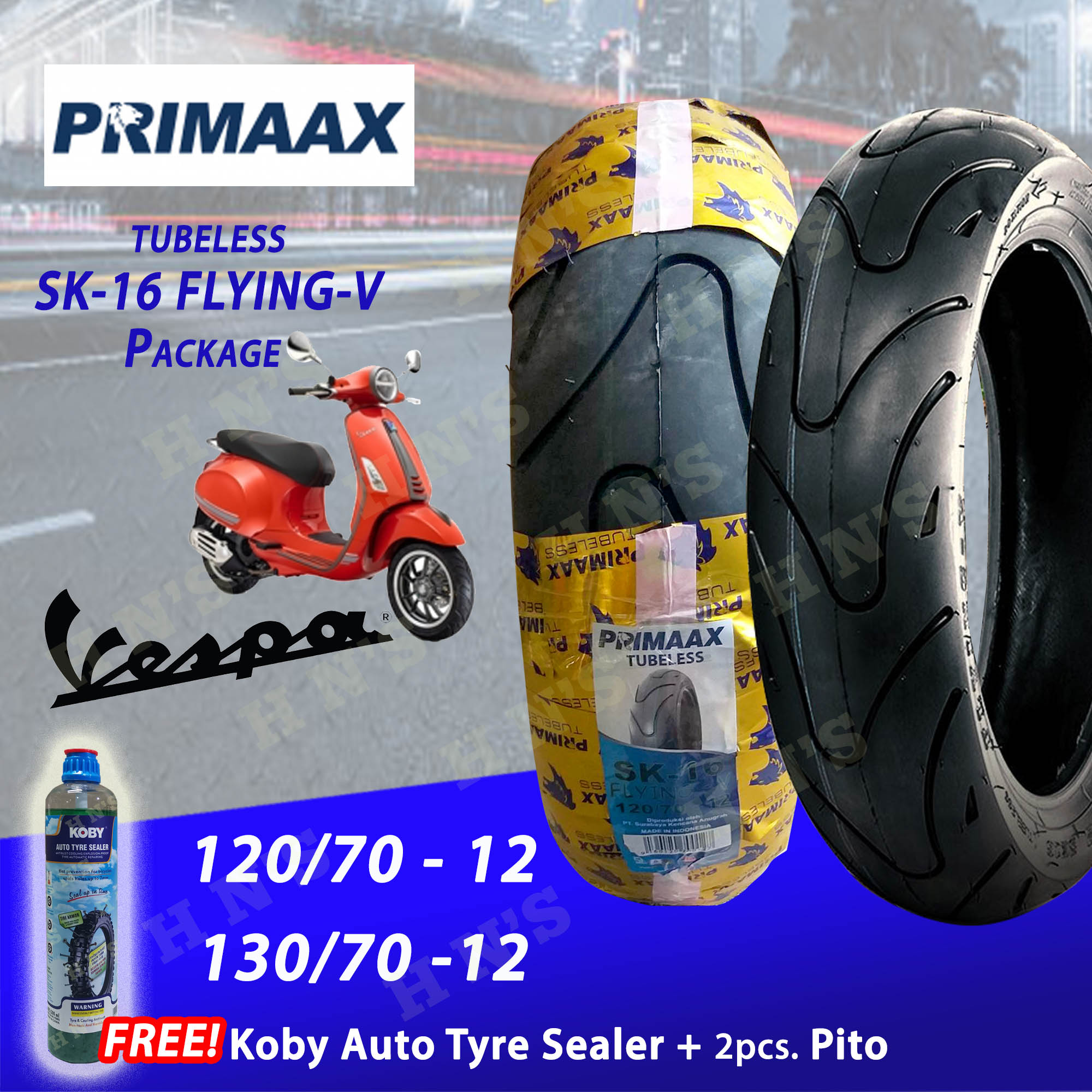PRIMAAX Tubeless Tires SK-16 Flying V RIM12 ( 120/70-12 , 130/70-12 ) for VESPA FREE Koby Tire ...