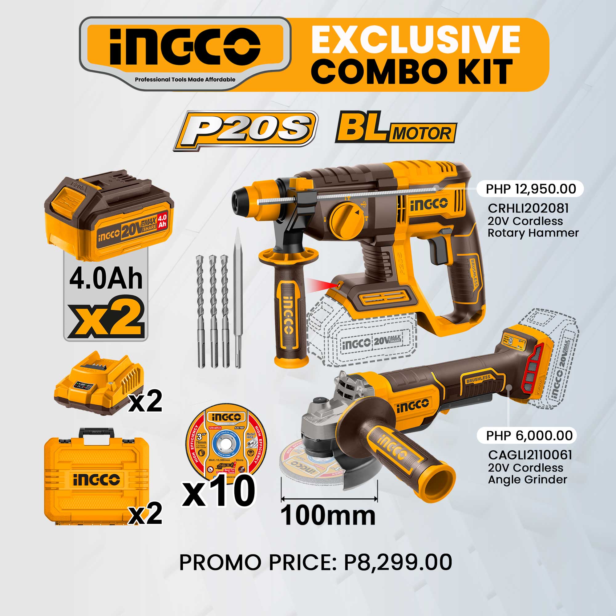 Ingco 3PCS/2PCS Set Cordless Power Tools Combo Kit And 4PCS Accessories ...