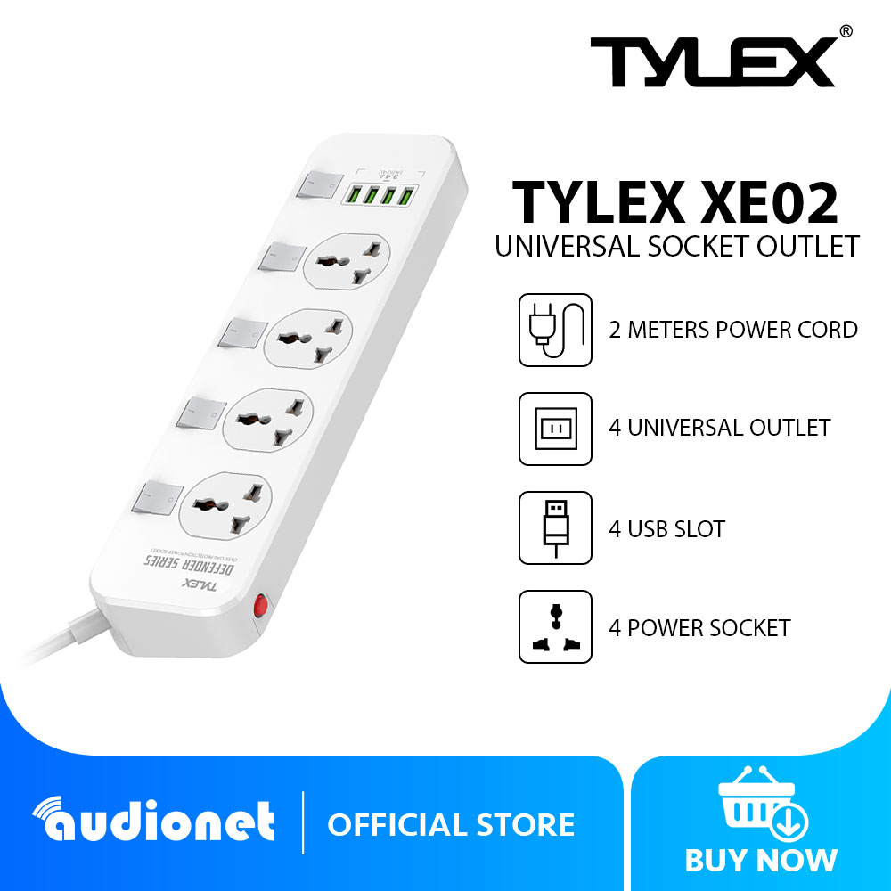 TYLEX XE02 4 Universal Socket Outlet Power Strip 2 Meters Extension ...