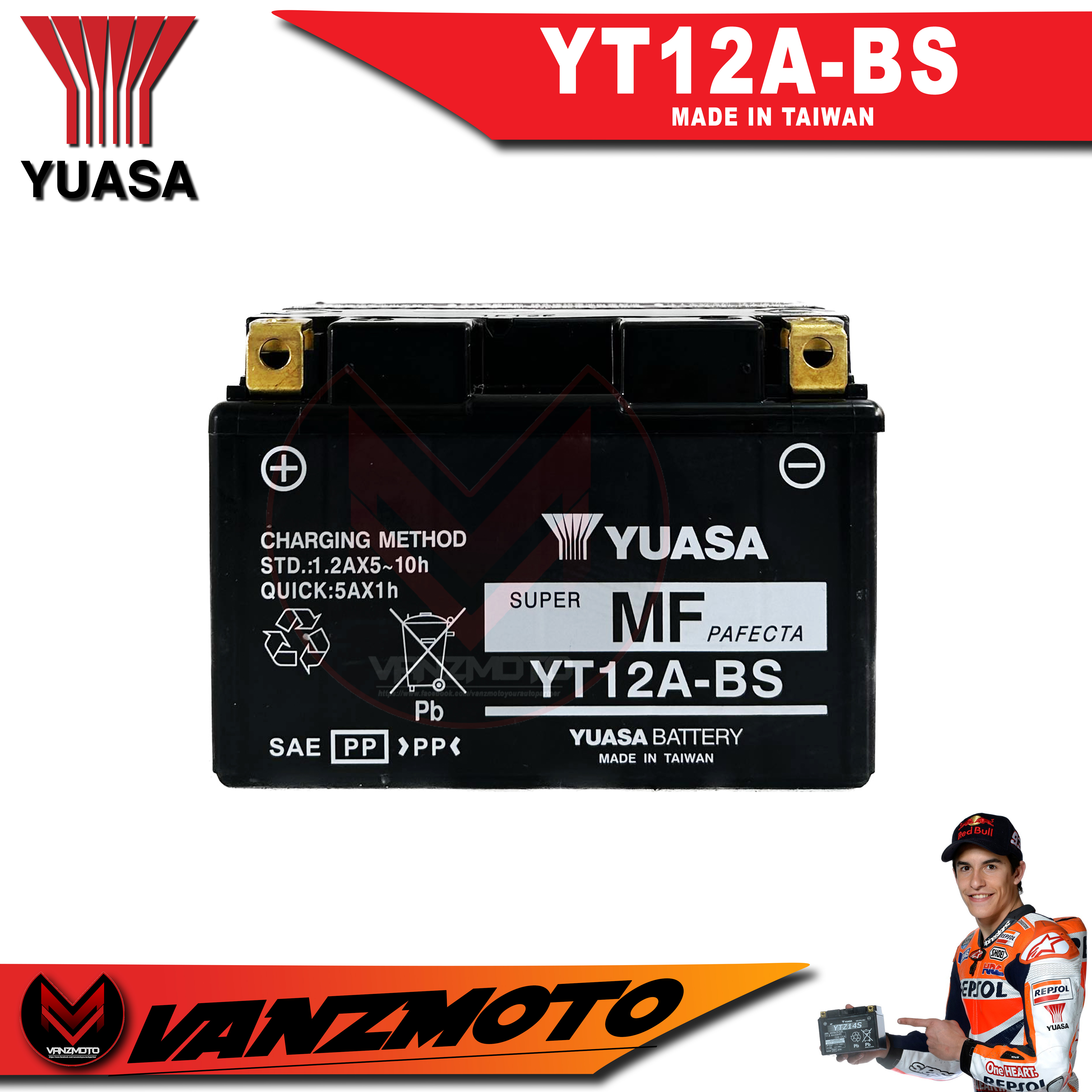 Yuasa YT12A-BS Motorcycle Battery (TAIWAN) best for Kymco Xciting 400i ...