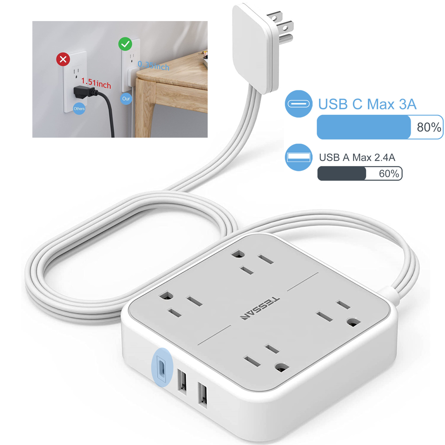 TESSAN Flat Plug Type C Power Strip with 1 USB C Charger, 5 ft Ultra ...
