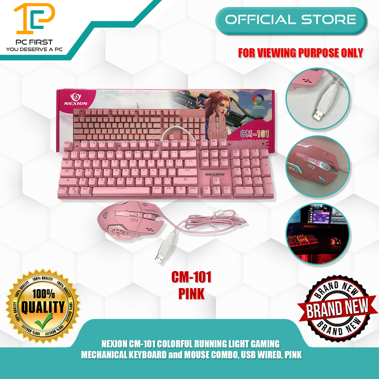 NEXION CM-101 COLORFUL RUNNING LIGHT GAMING MECHANICAL KEYBOARD and MOUSE COMBO, USB WIRED, PINK ...