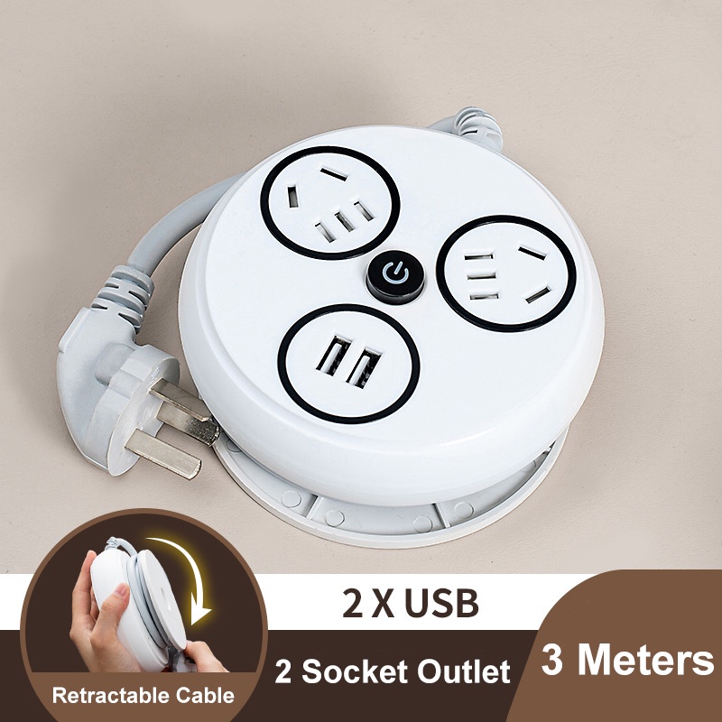 ♛Dailyhome Power Outlet Strip 2 USB Ports 2 Sockets 3 Meter Retractable ...