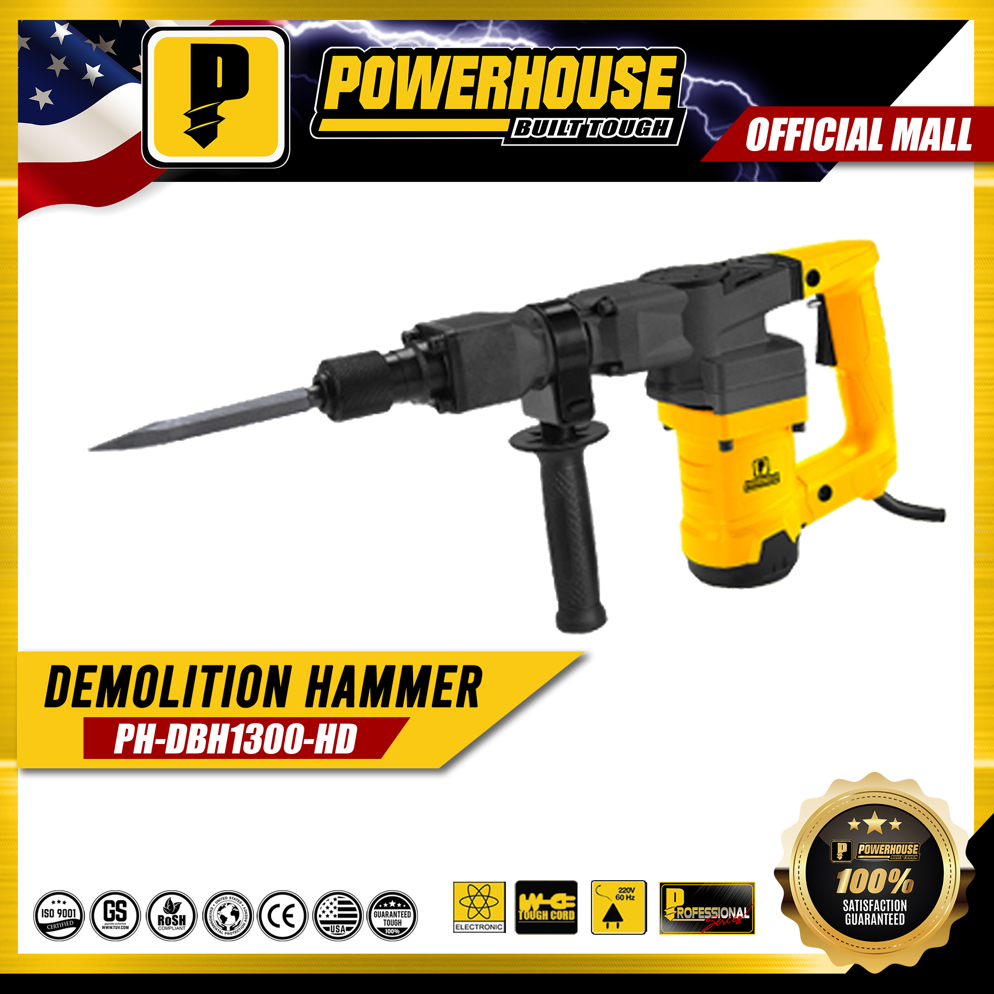 POWERHOUSE 1300W Jack Demolition Hammer Chipping Gun Breaker Percussion ...