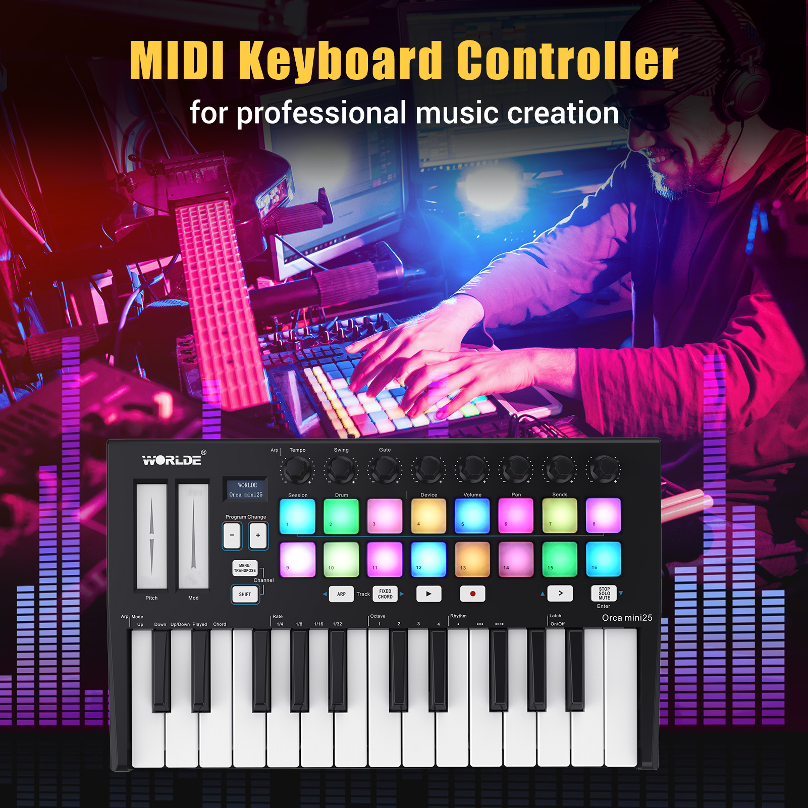 WORLDE Orca mini25 Portable 25-Key USB MIDI Keyboard Controller with 16 ...