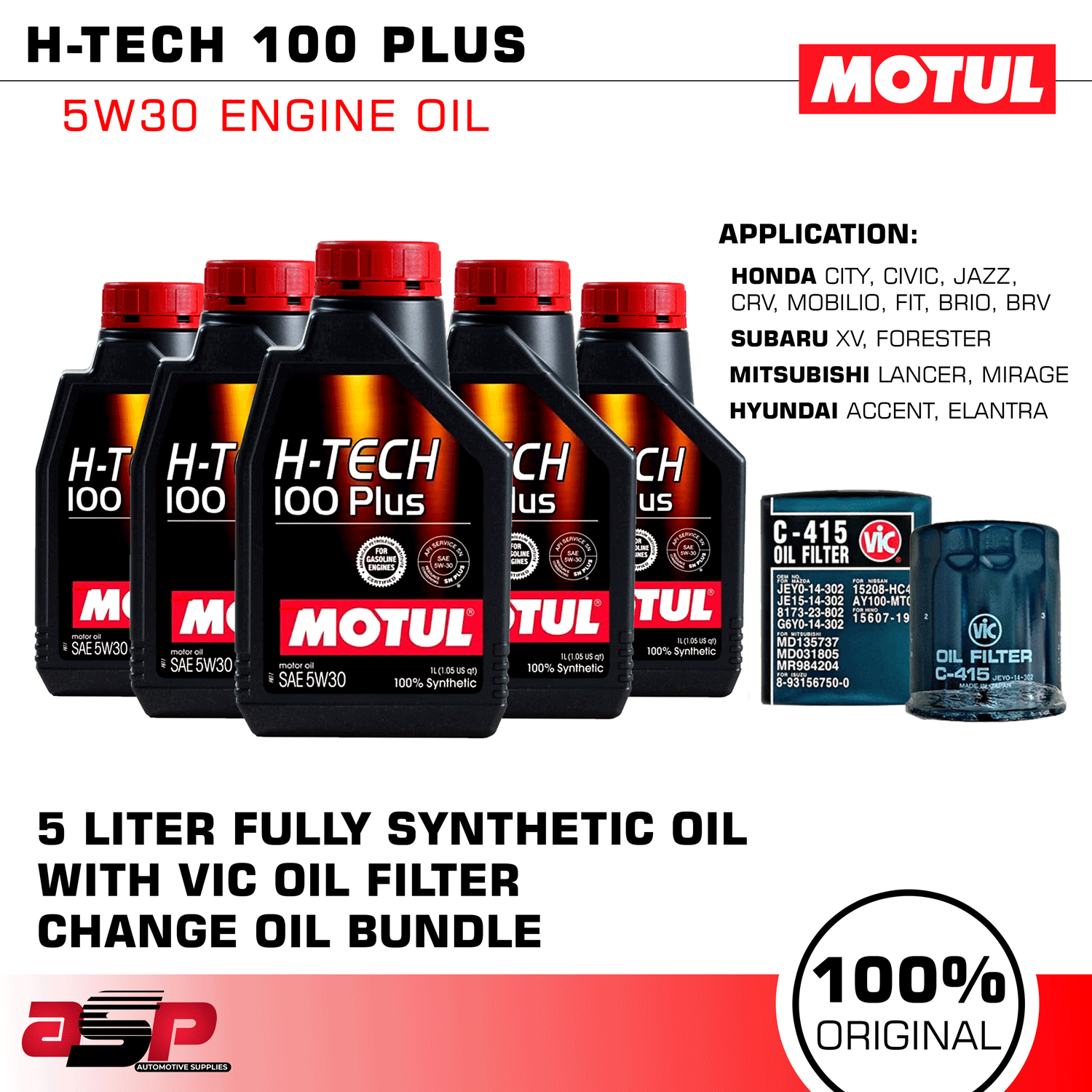 Motul H-Tech 100 Plus 5W-30 Fully Synthetic Oil API SP 5 Liters Change ...