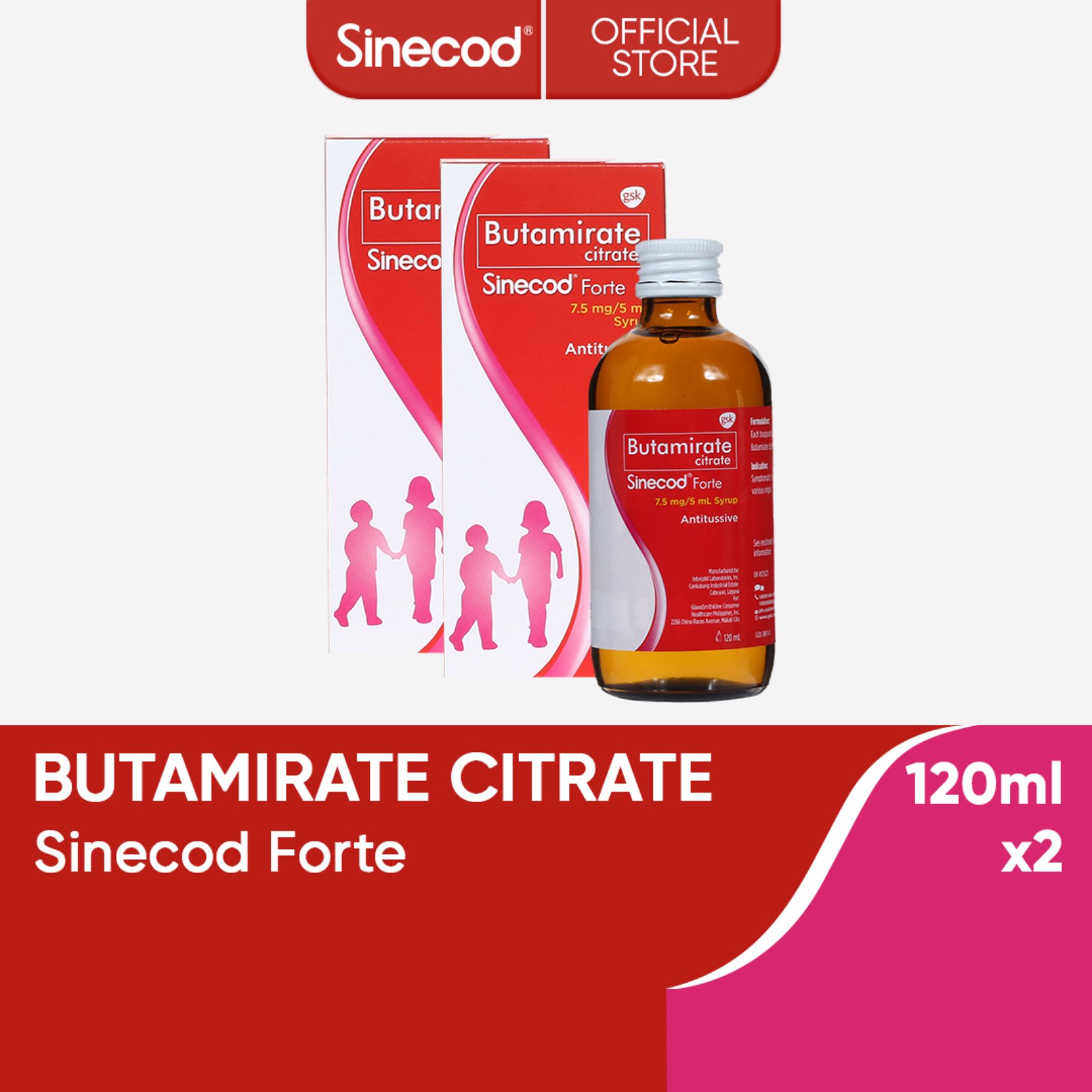 Sinecod Forte Syrup 120ml (Pack of 2) Butamirate Citrate Antitussive ...