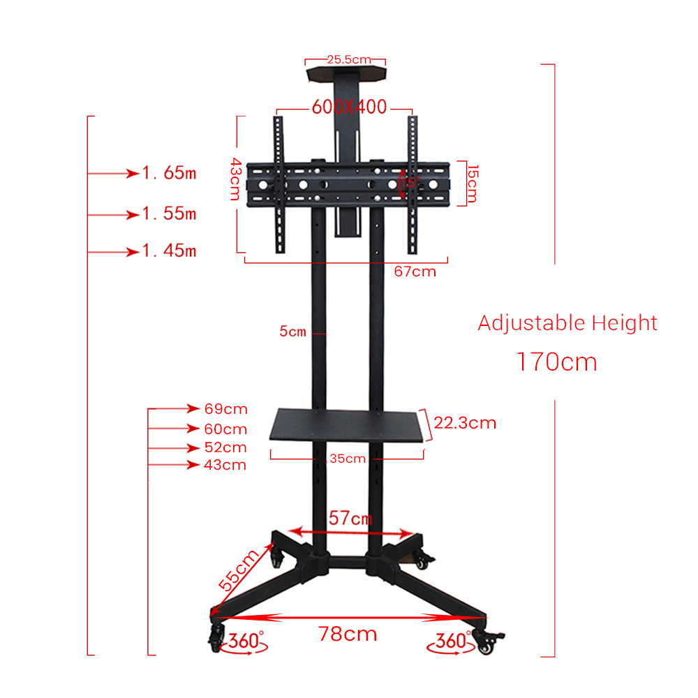 LEXA TECH Mobile TV Cart Floor Stand Adjustable Mobile TV Stand with ...