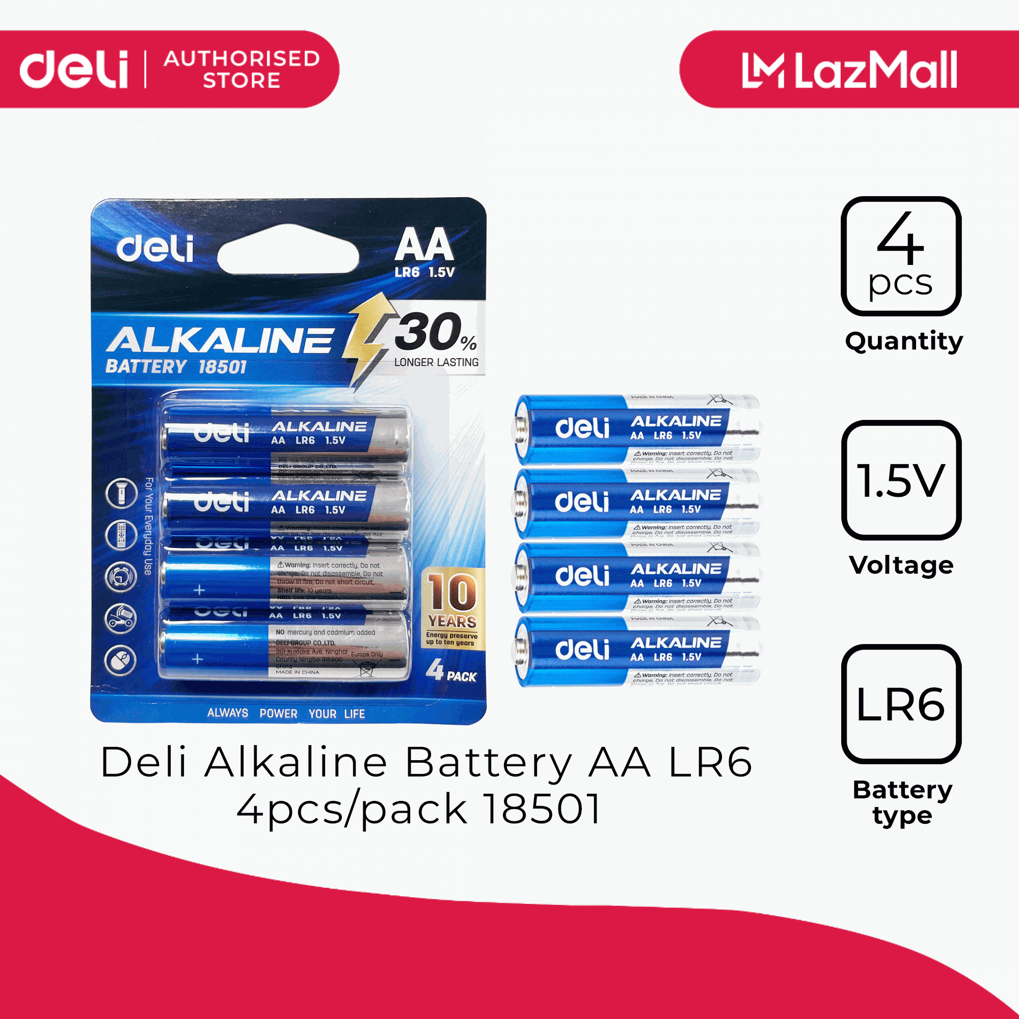 Deli 18501 Alkaline Battery AA LR6 4pcs/ pack 1 PACK [7918501] | Lazada PH
