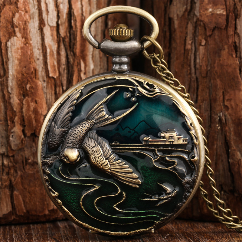 AIKEN Steampunk Flying Crane Pattern Unisex Quartz Analog Pocket Watch ...