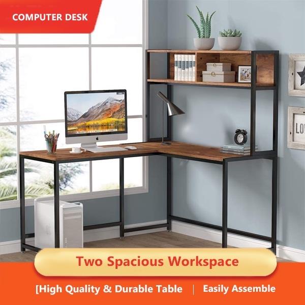 Solid Wood L Shaped Computer Desk with Hutch Study Table Writing ...