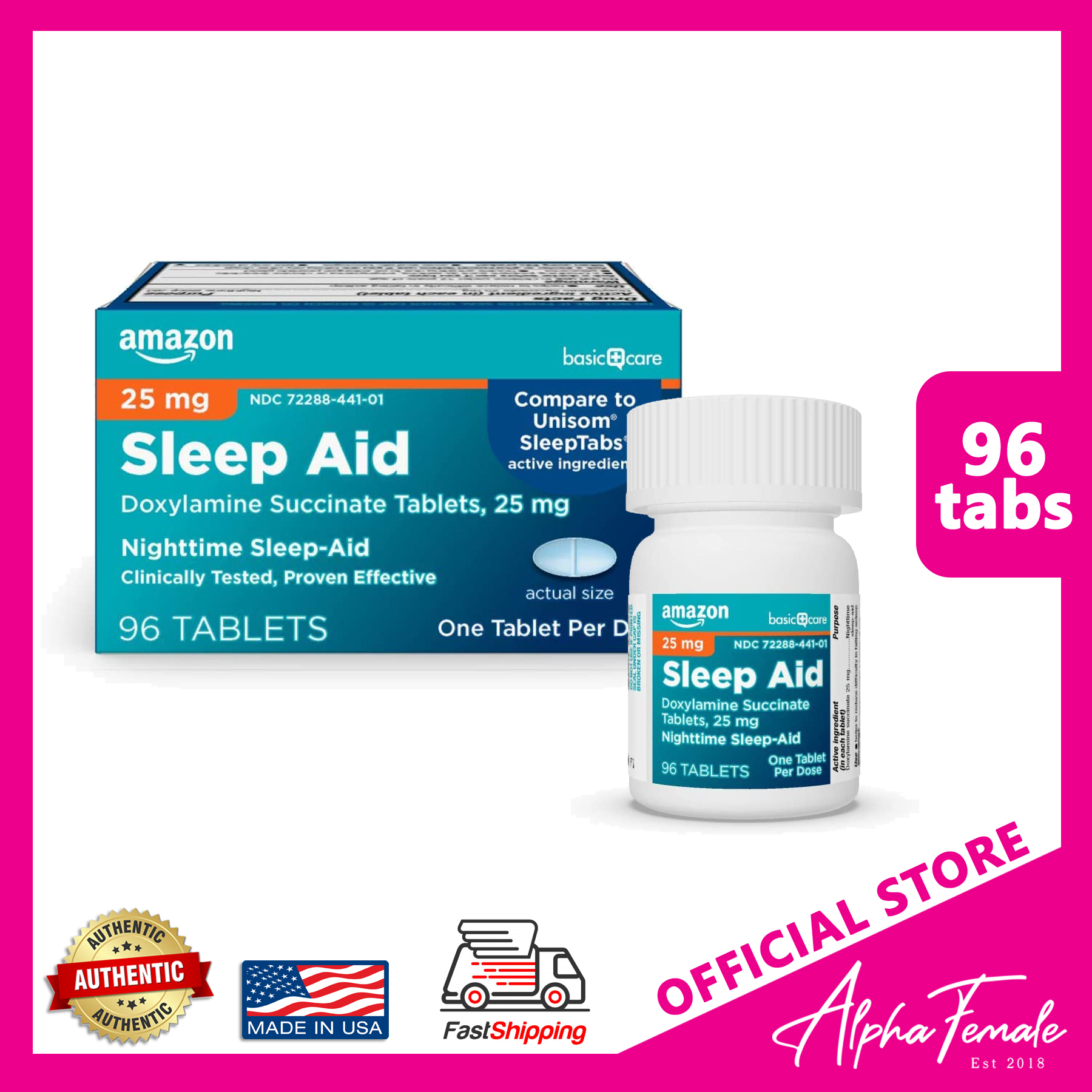 Basic Care Sleep Aid Tablets, Doxylamine Succinate 25mg, Nighttime ...