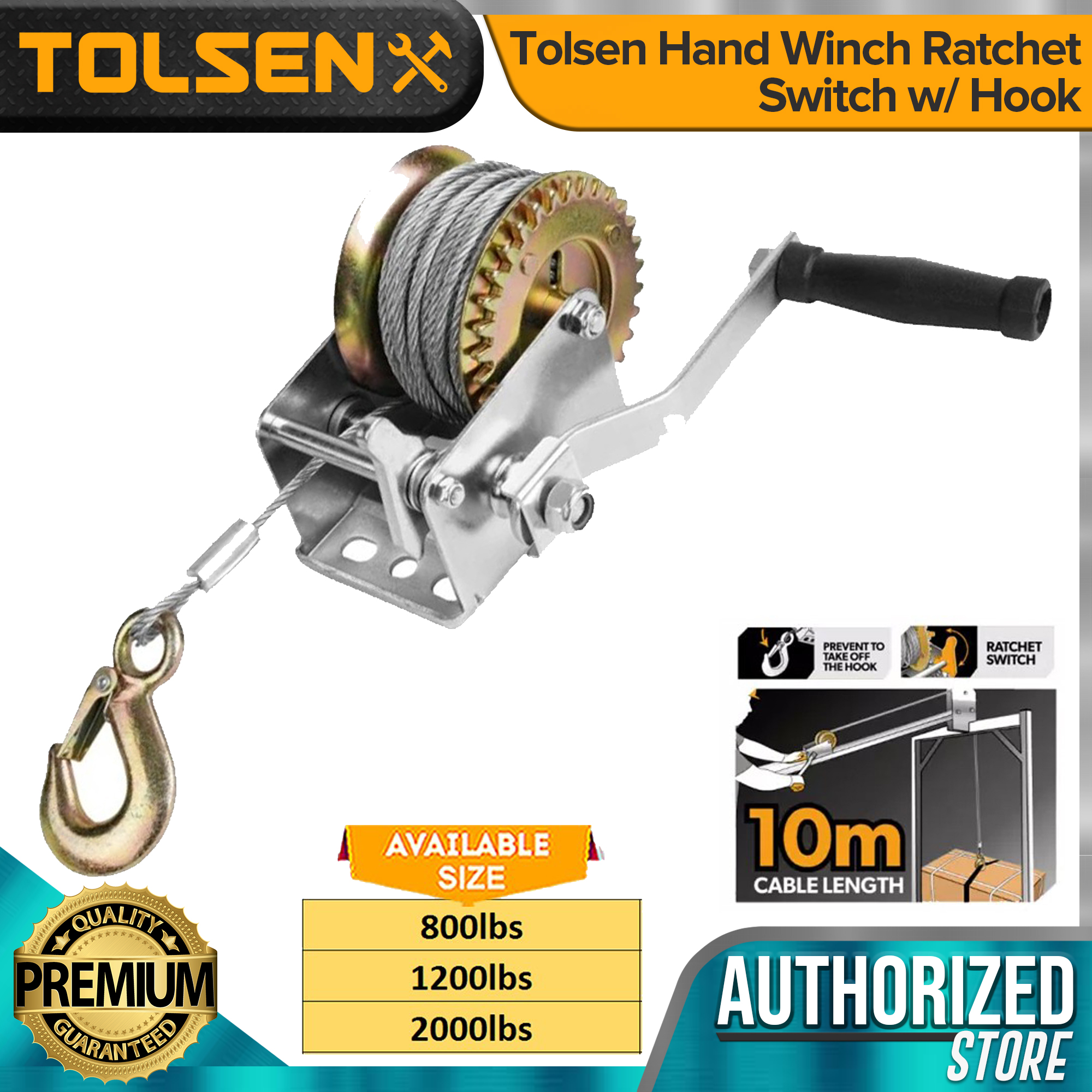 Tolsen Hand Winch Ratchet Switch w/ Hook (800lbs | 1200lbs | 2000lbs ...