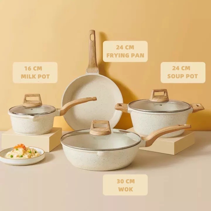 4Pcs Non Stick Cookware Set Wok milk Pot frying Pan Maifan Stone ...