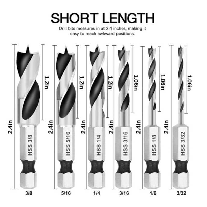 6Pcs HSS SAE Brad Point Stubby Drill Bit Set for Wood with 1/4-Inch ...
