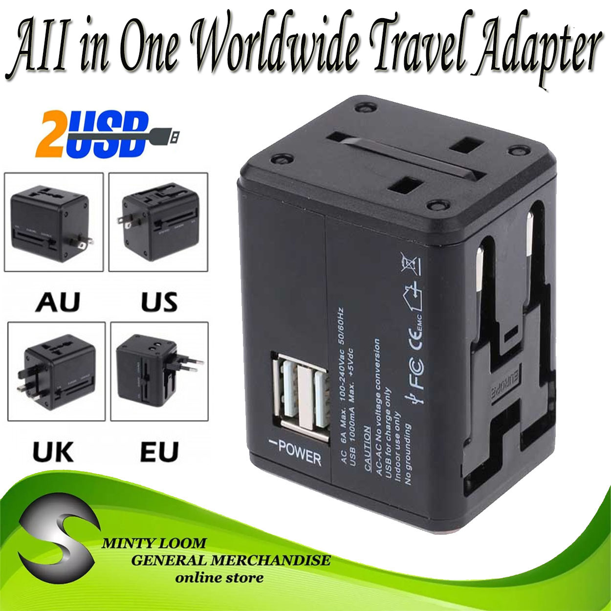 All in One Universal Travel Adapter with 2 USB Port World Travel AC ...