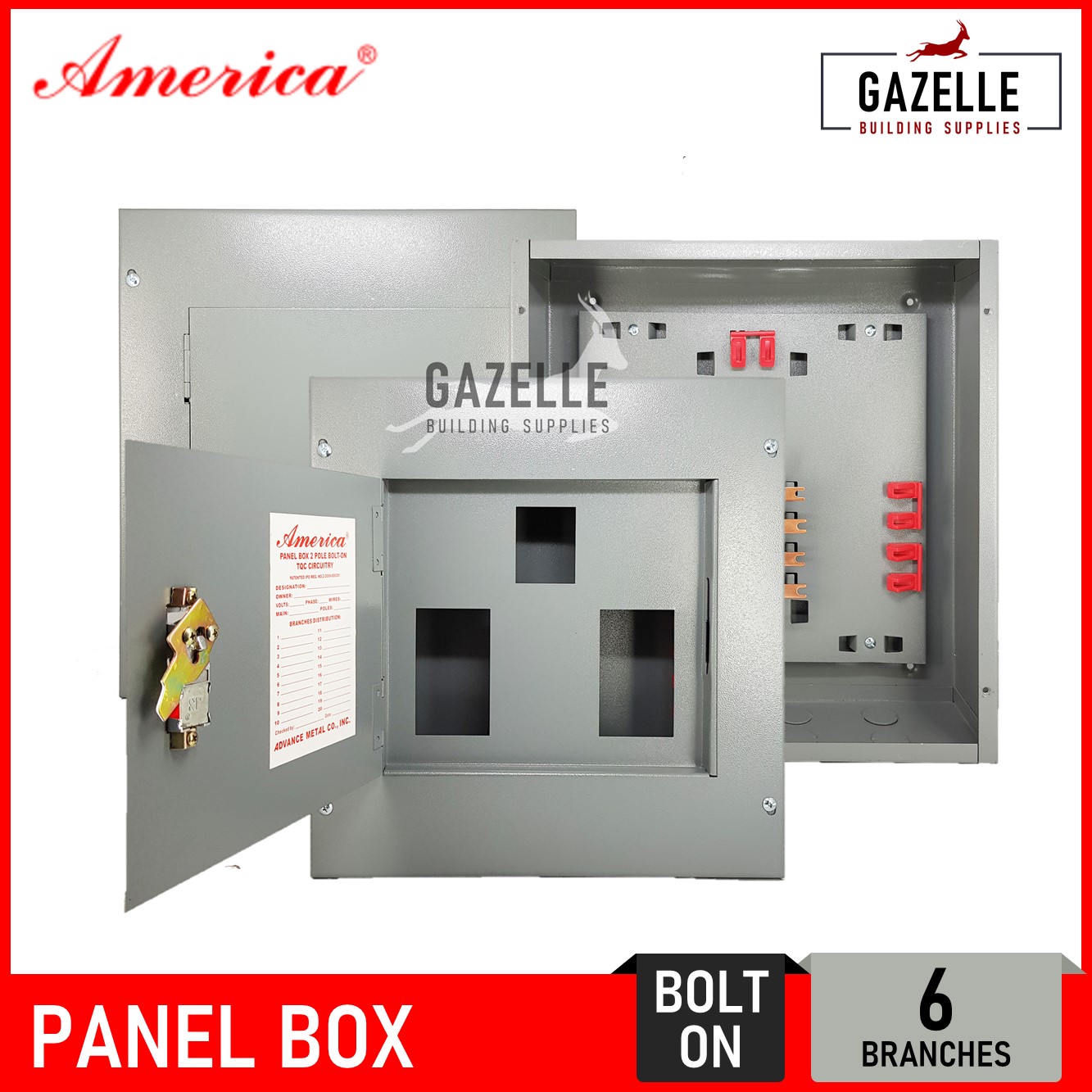 America Panel Box for 2 Pole Bolt-On Circuit Breakers - 6 Branches ...