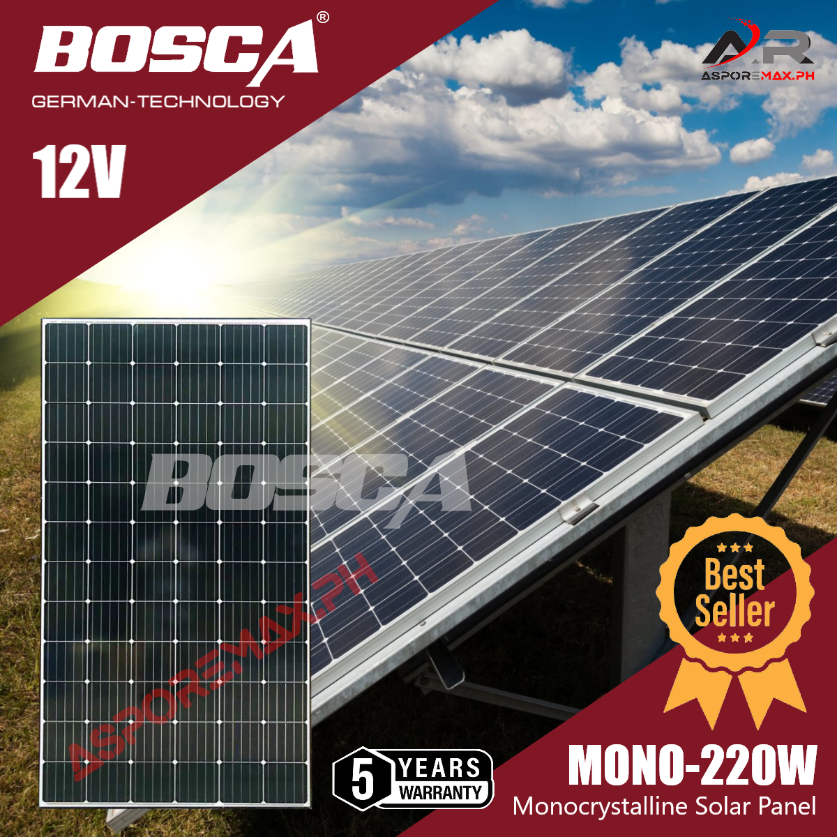 BOSCA 5 Year Warranty 220W Solar Panel Mono 220 Watt 12 Volt Pv Solar ...